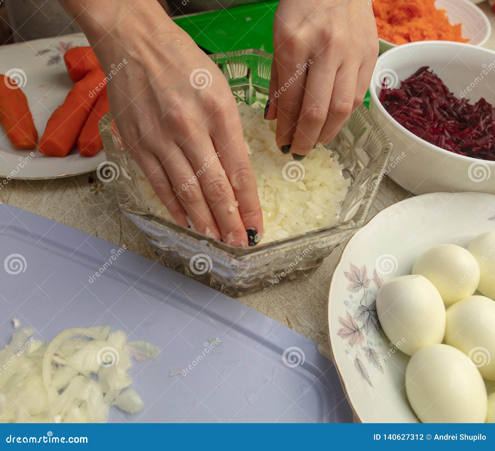 Cooking Herring Under a Fur Coat in the Kitchen Stock Photo - Image of ...
