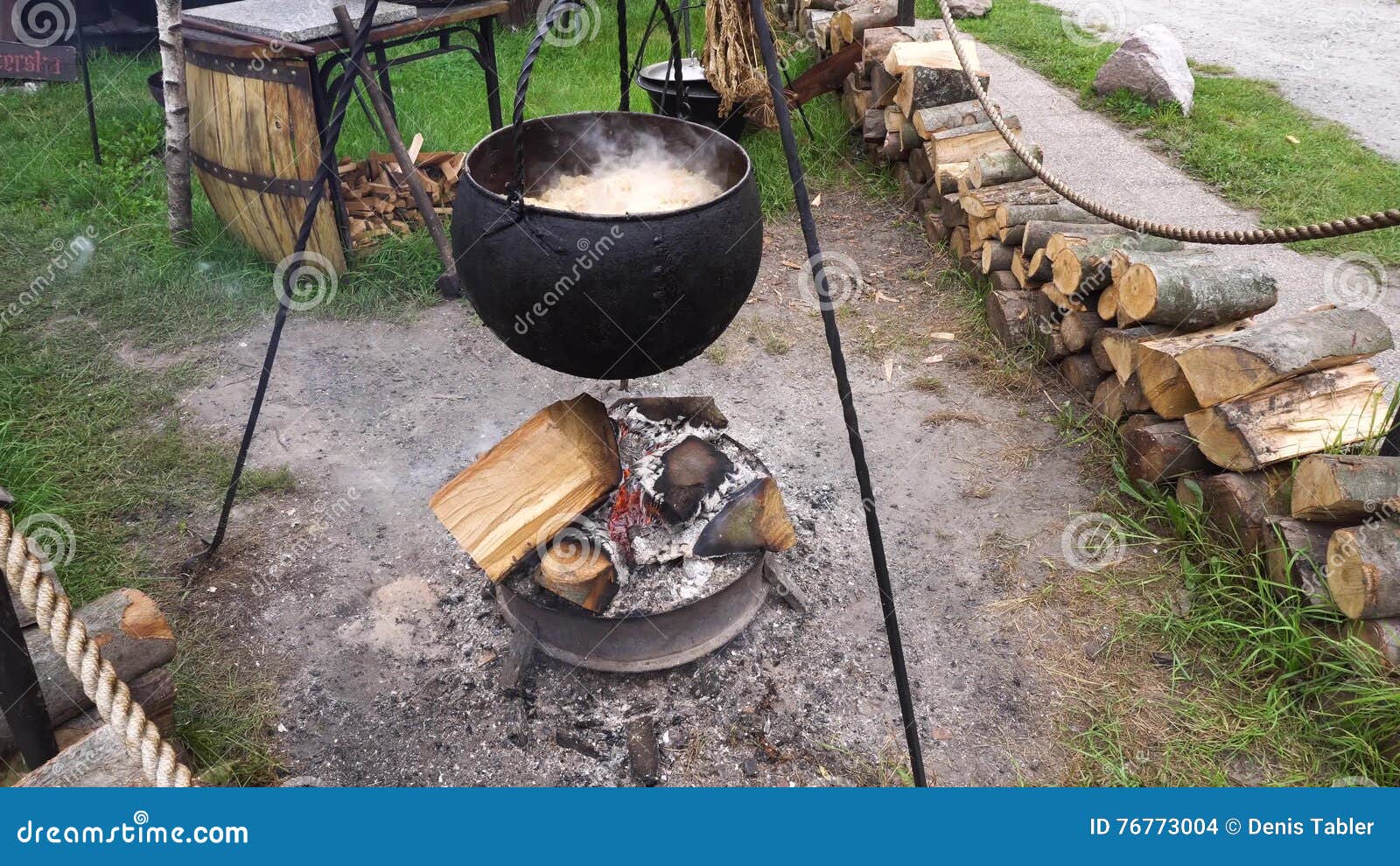 Cooking in a Hike in the Cauldron Hanging Over Fire Stock Footage ...