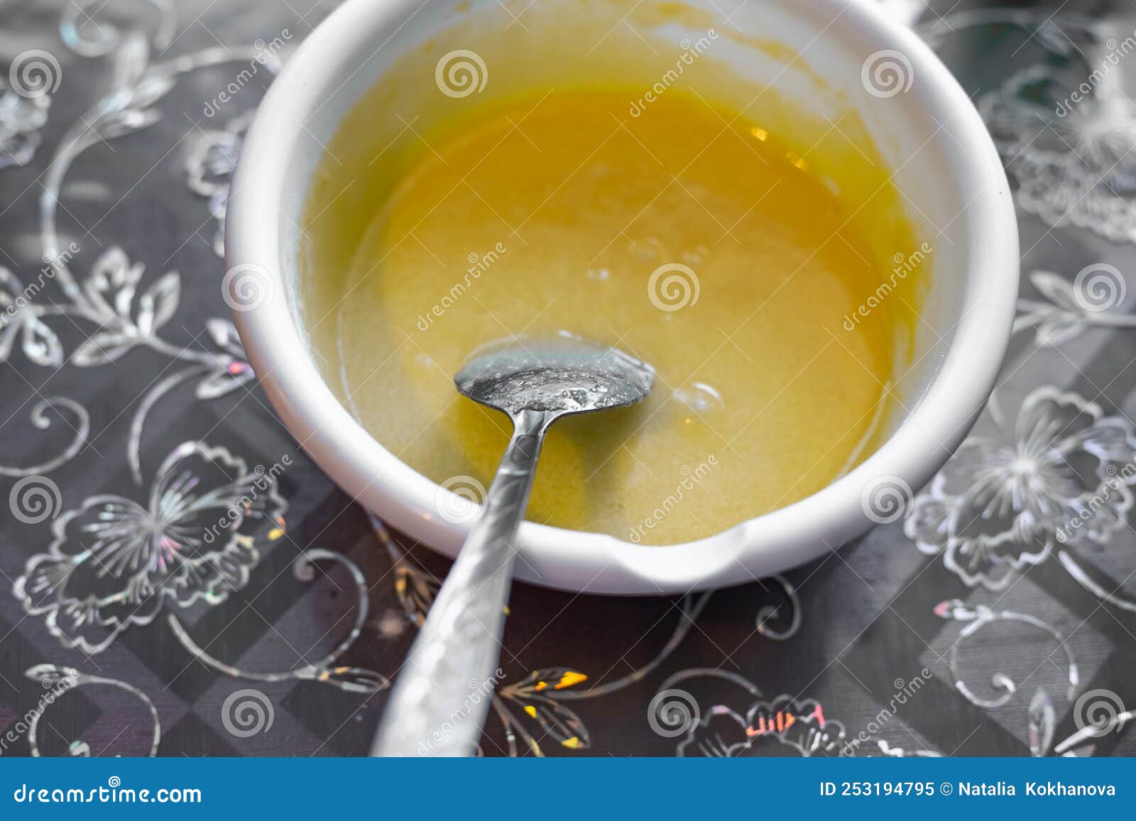 Cooking Homemade Cake. Iron Spoon in Custard for Brushing the Cake ...
