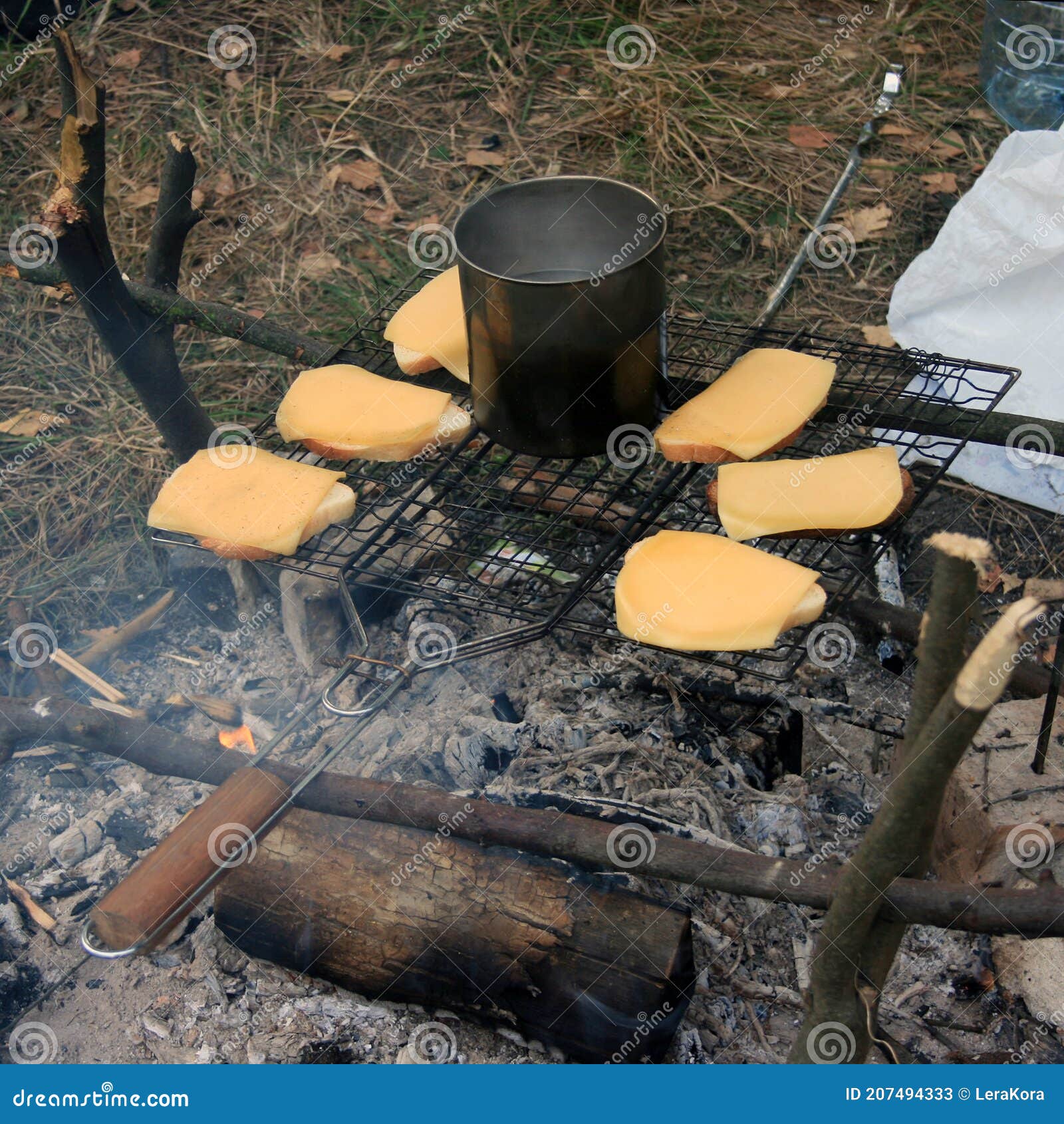 Cooking Hot Cheese Sandwiches and Tea on an Open Fire in Nature. Stock ...