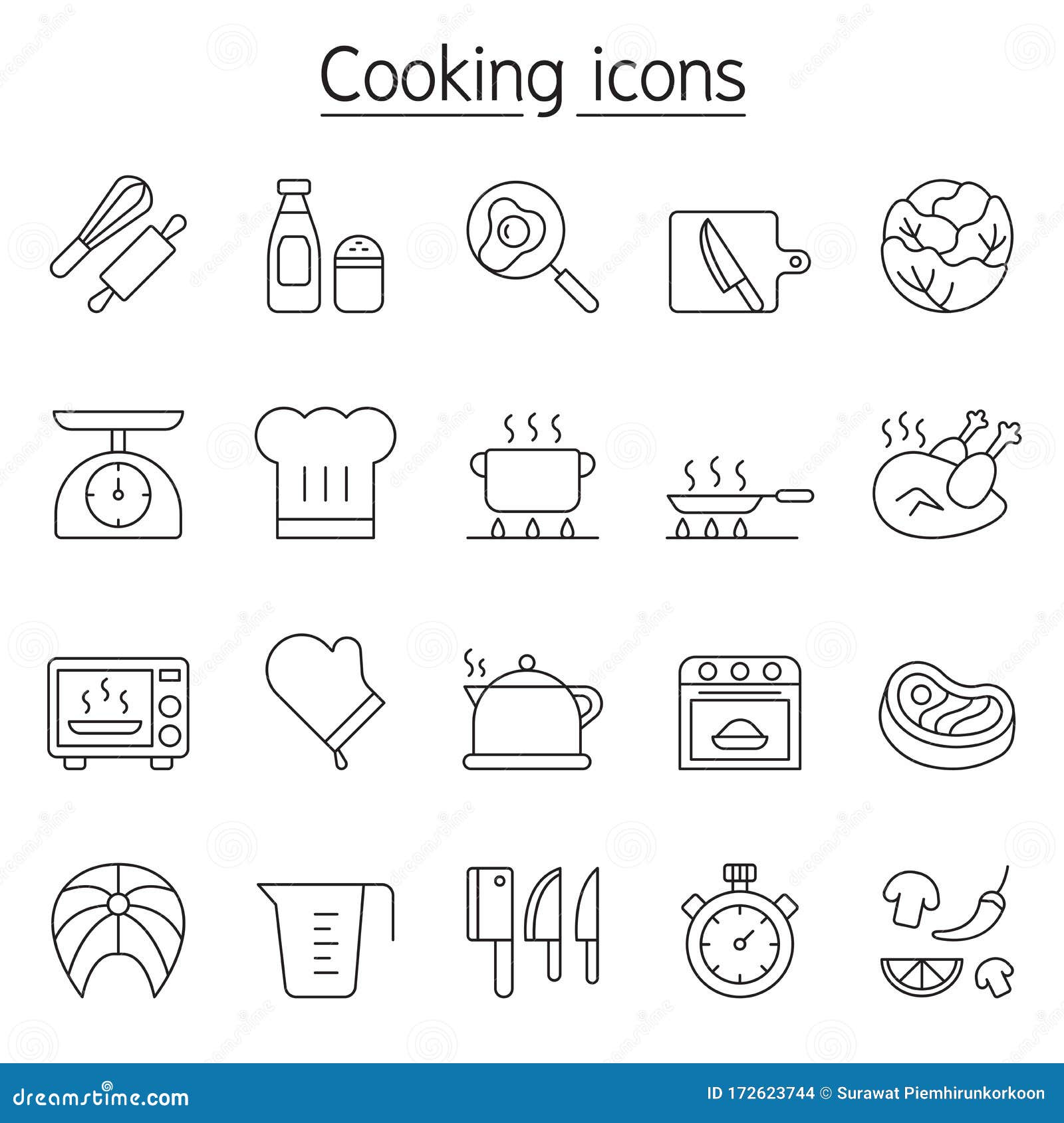 Cooking Icon Set in Thin Line Style Stock Vector - Illustration of ...