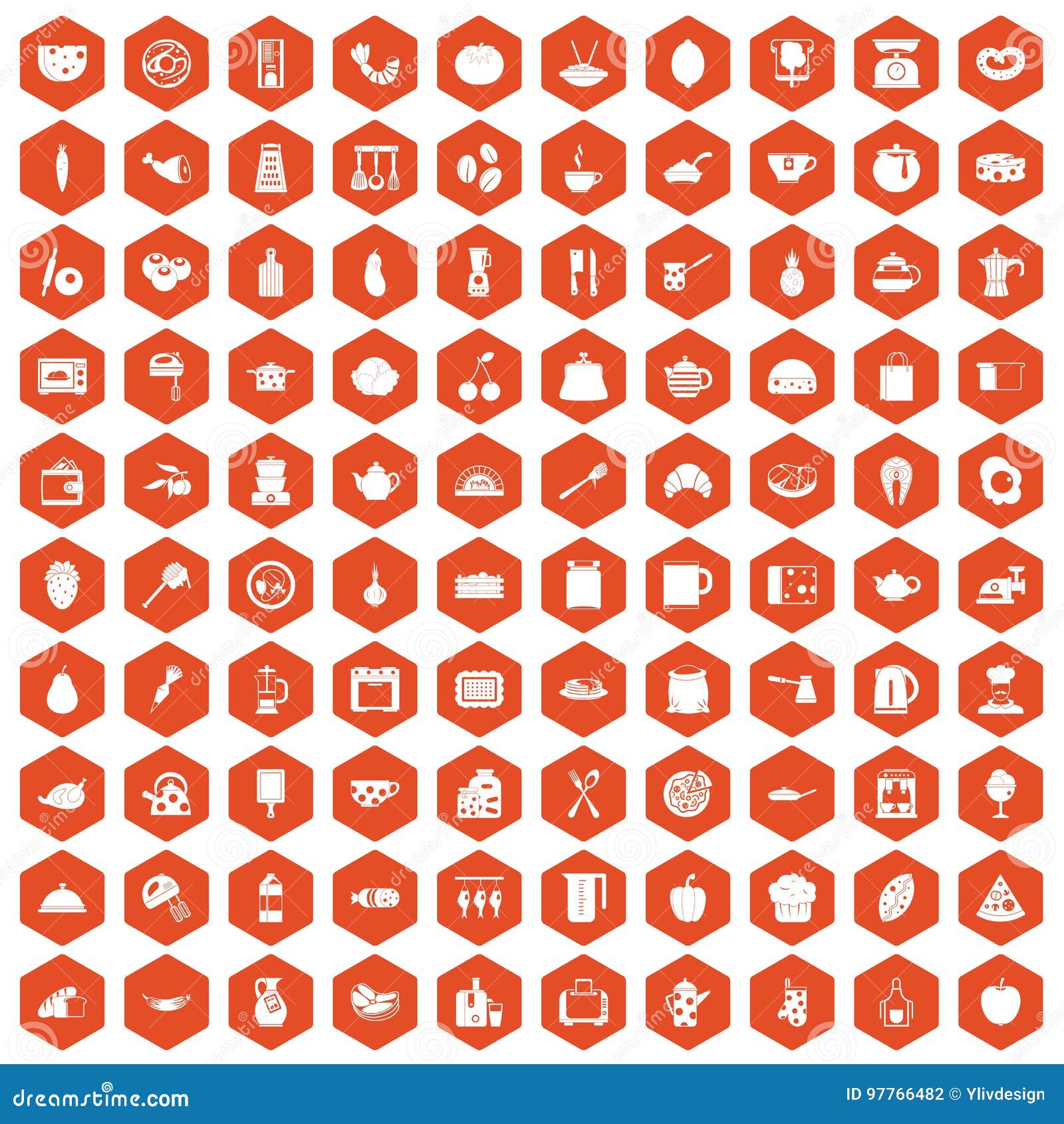 100 Cooking Icons Hexagon Orange Stock Vector - Illustration of coffee ...