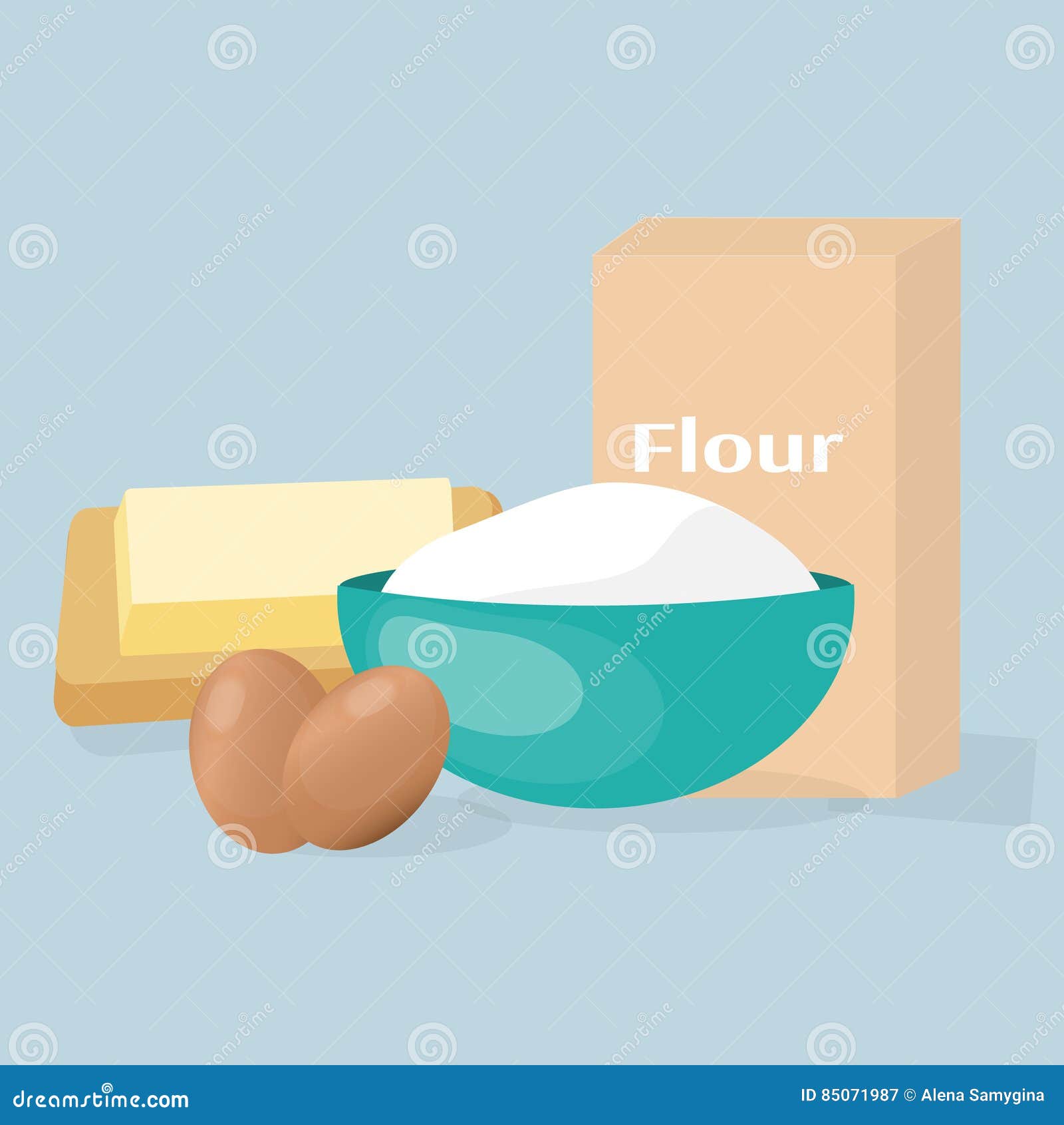 Cooking Ingredients - Flour, Eggs and Butter Stock Vector ...