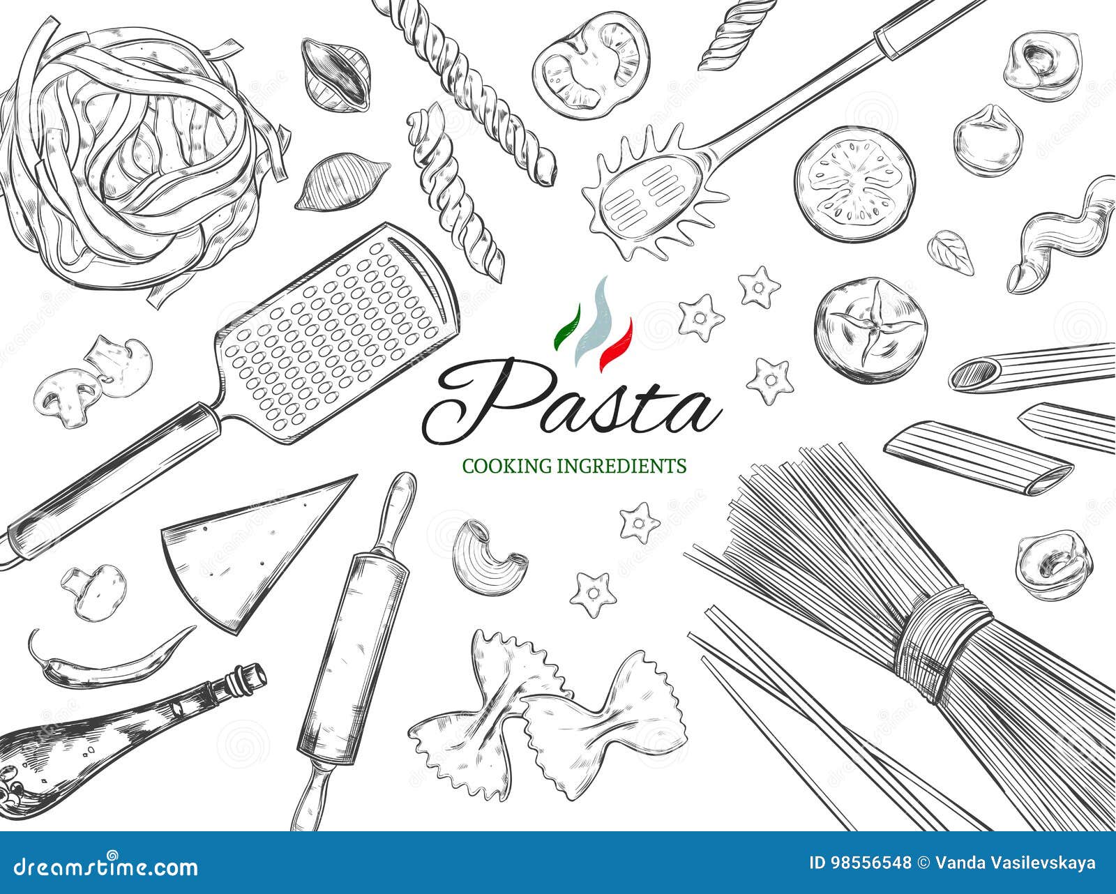 Cooking Italian Pasta Template.Different Types Of Pasta. Vector Hand ...