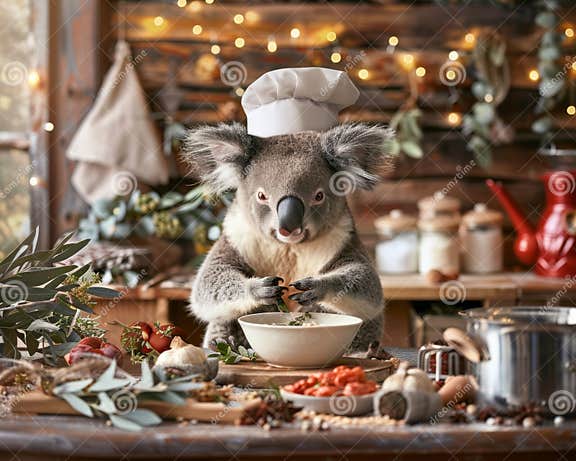 A Cooking Koala in a Chefs Hat Preparing Eucalyptusinspired Dishes in a ...