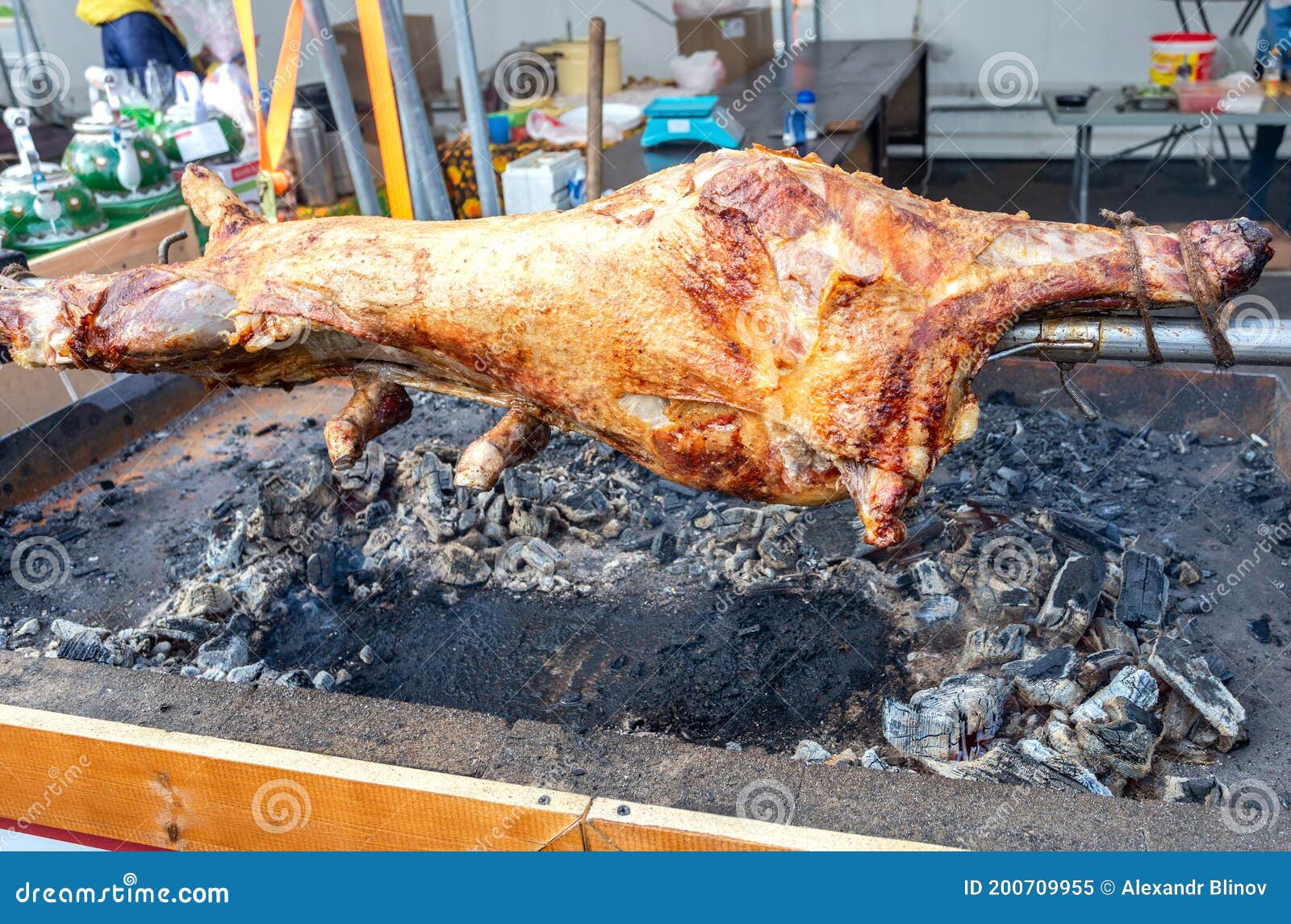 Cooking Lamb Carcass on a Spit Roasted on the Open Fire Stock Image ...