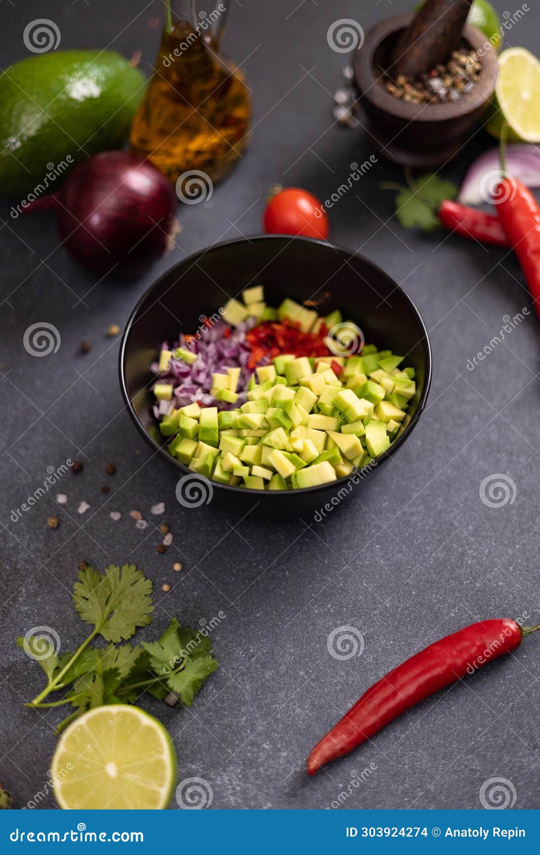 Cooking Mango Salsa - Sliced Chopped Ingredients in a Black Ceramic ...