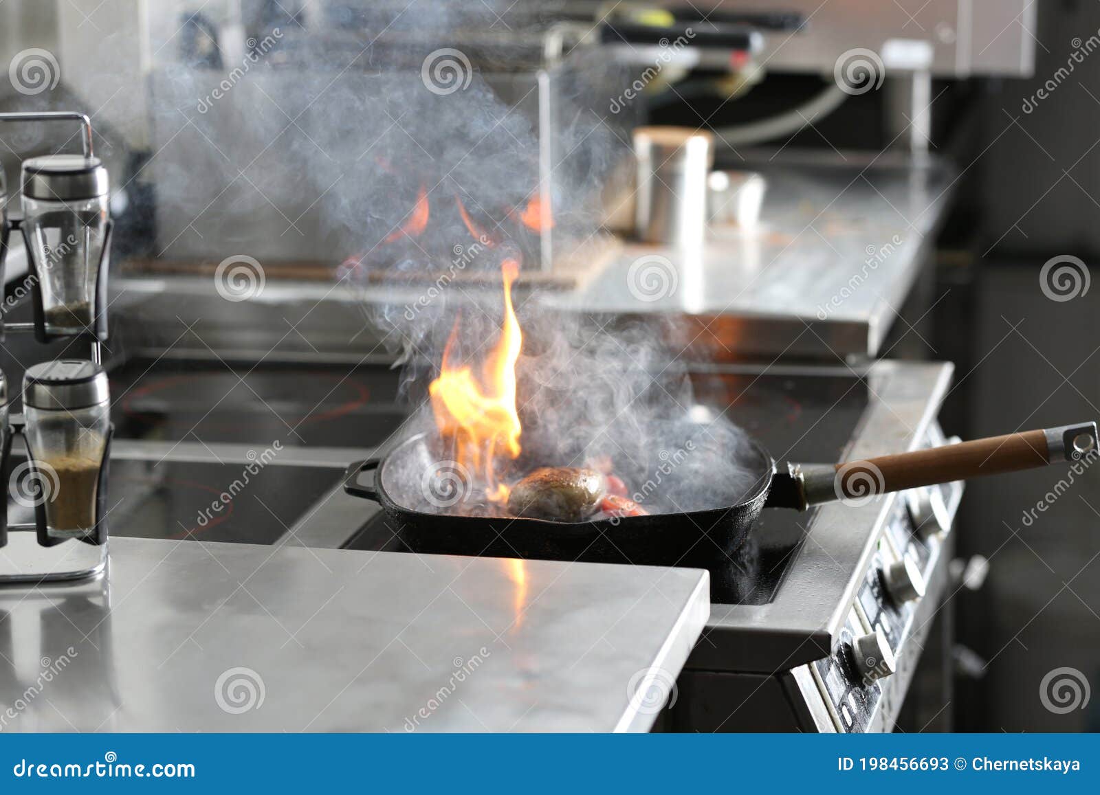 Cooking Meat with Burning Flame in Kitchen Stock Image - Image of dish ...