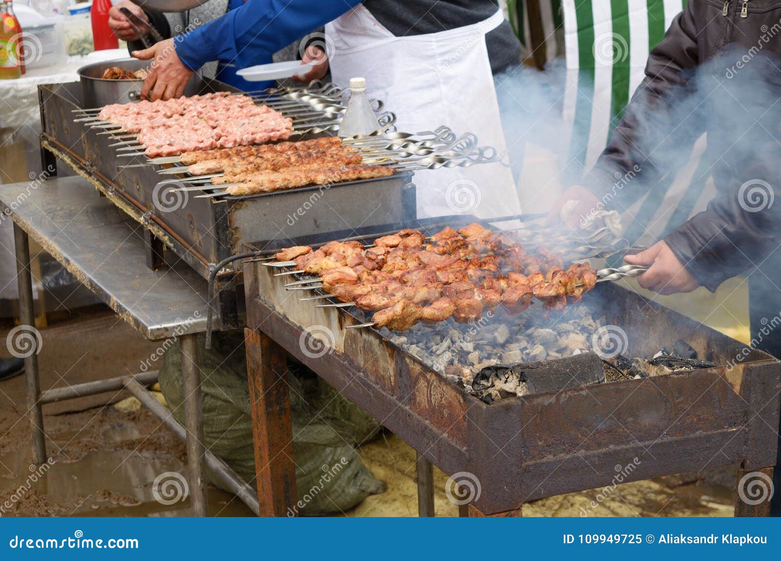 Cooking meat dishes. stock image. Image of fire, shashlik - 109949725