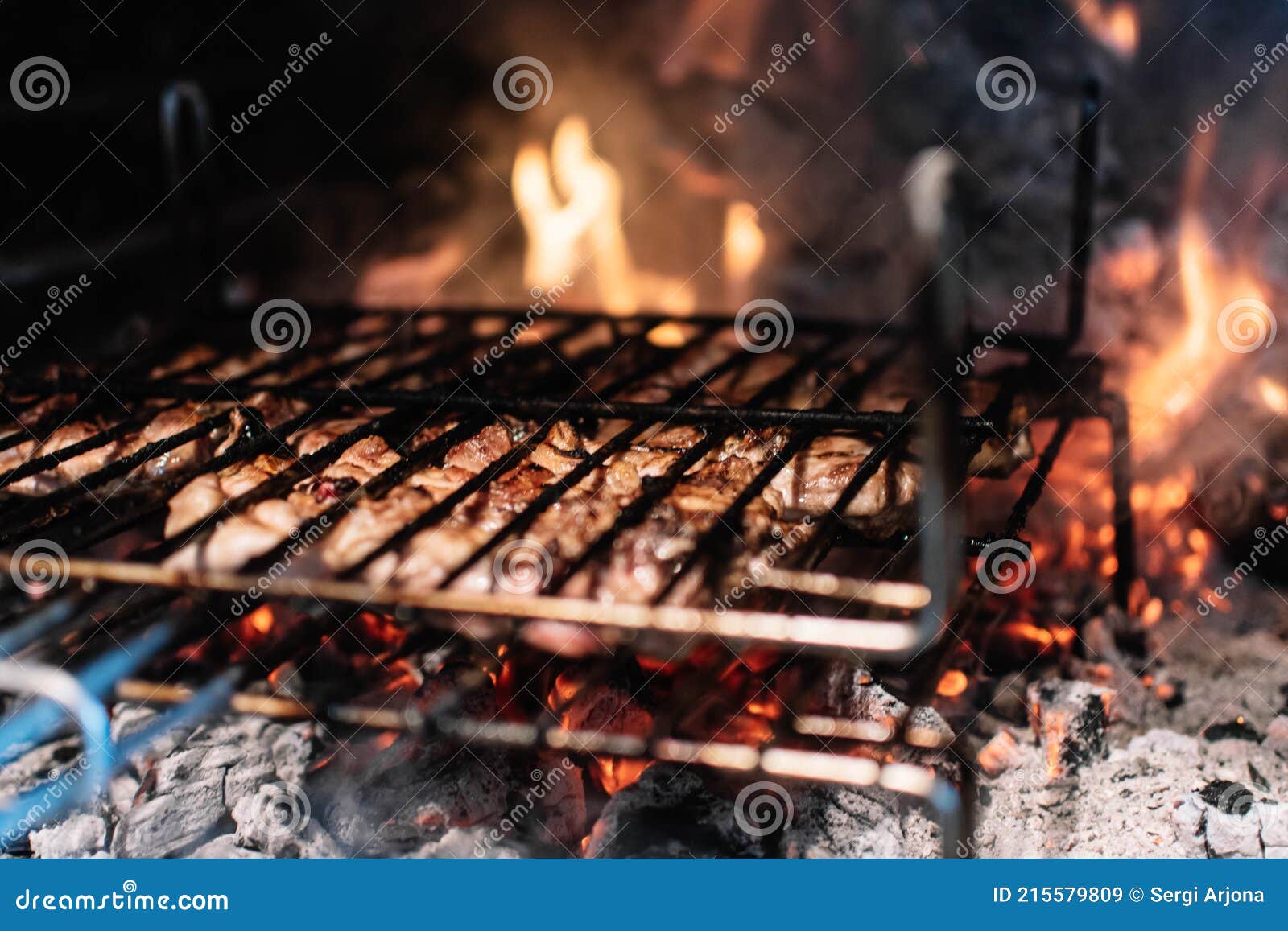 Cooking Meat on the Grill in a Fireplace with Embers Stock Image ...