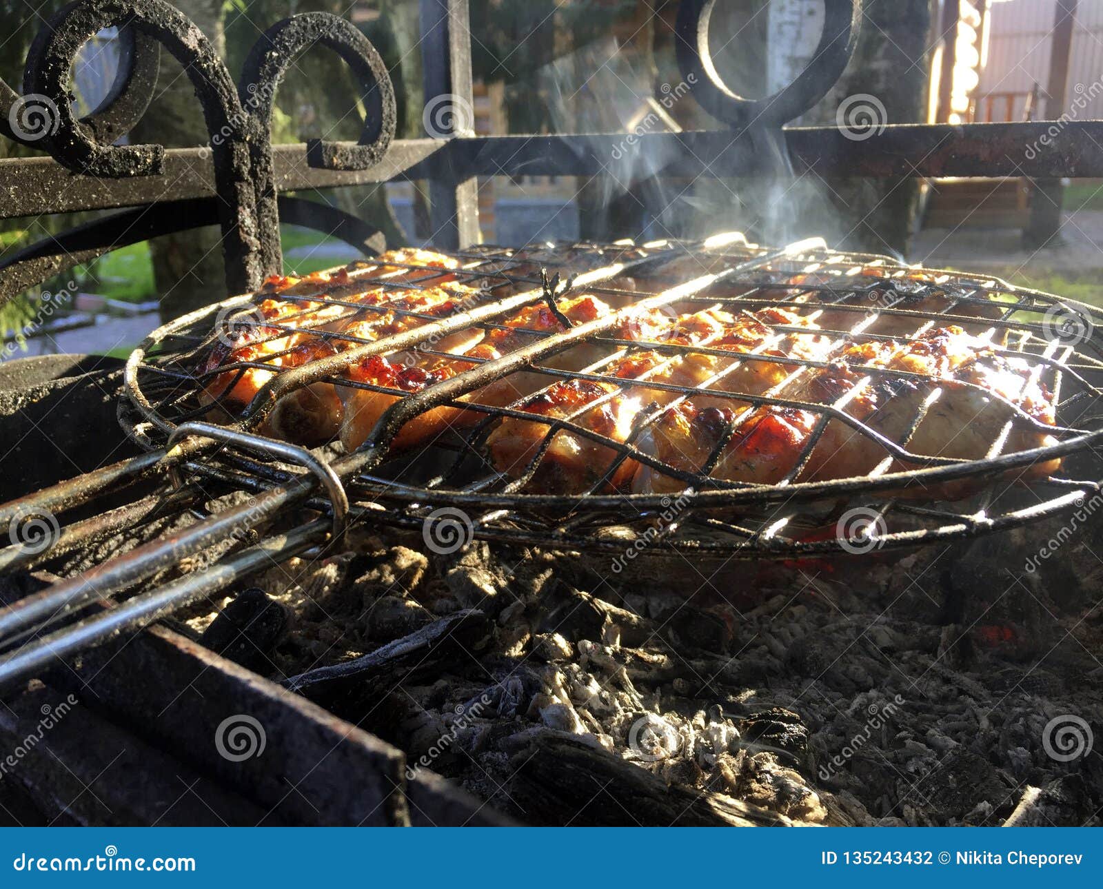 Meat on fire in the forest stock photo. Image of roast - 135243432