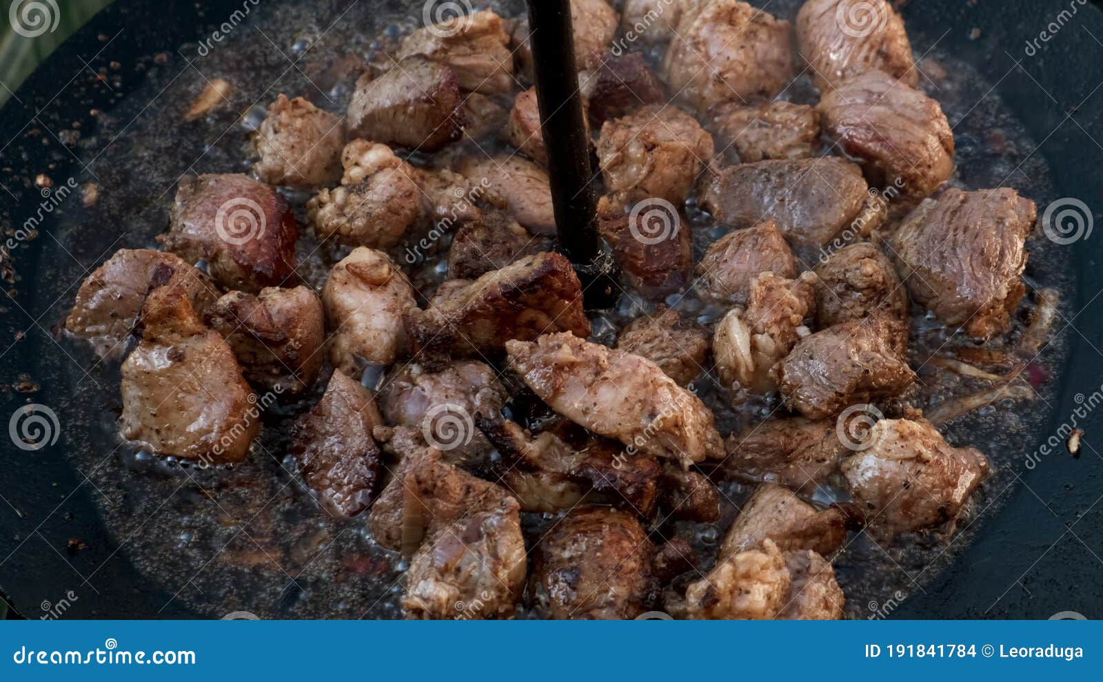 Cooking Meat Over a Fire in a Large Skillet. Stock Footage - Video of ...