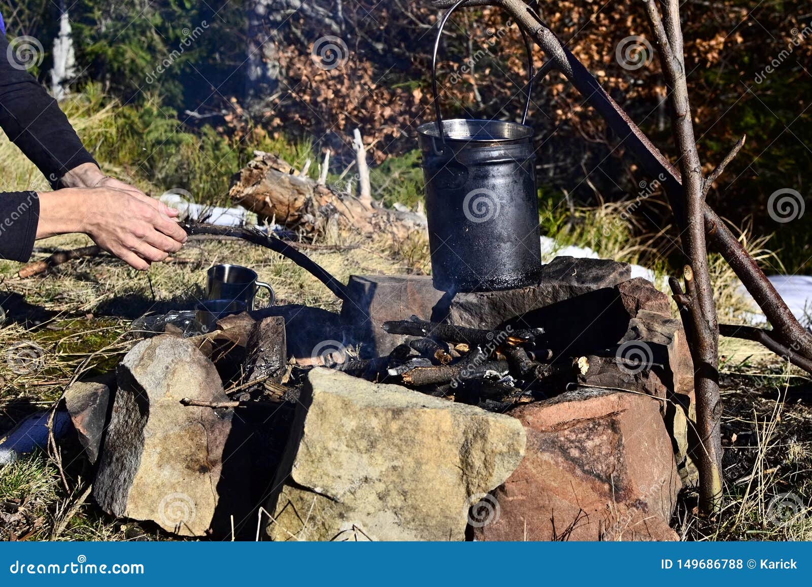 Cooking in a Pot Over Campfire in the Mountains Stock Photo - Image of ...