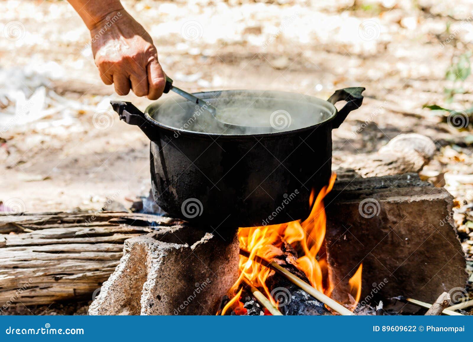 Cooking in the Nature. Cauldron on Fire in Forest. Stock Photo - Image ...