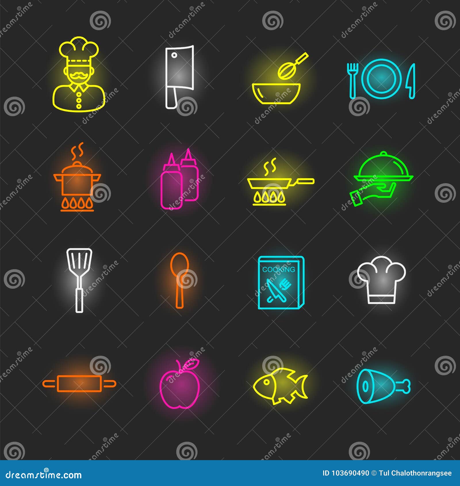 Cooking neon icon set stock illustration. Illustration of fish - 103690490
