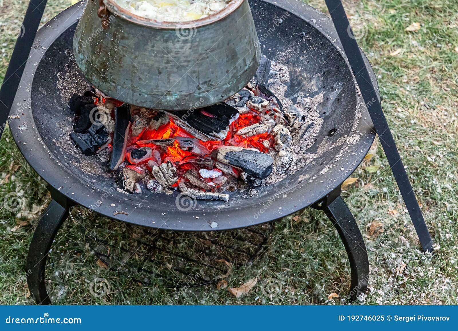 Cooking Over an Open Fire, Iron Pot Pan Full of Soup Close-up Stock ...