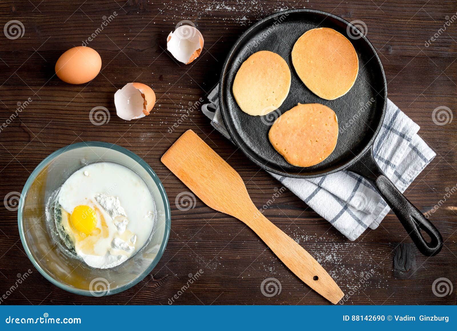 Cooking Pancake on Wooden Background Top View Ingredients for Making ...