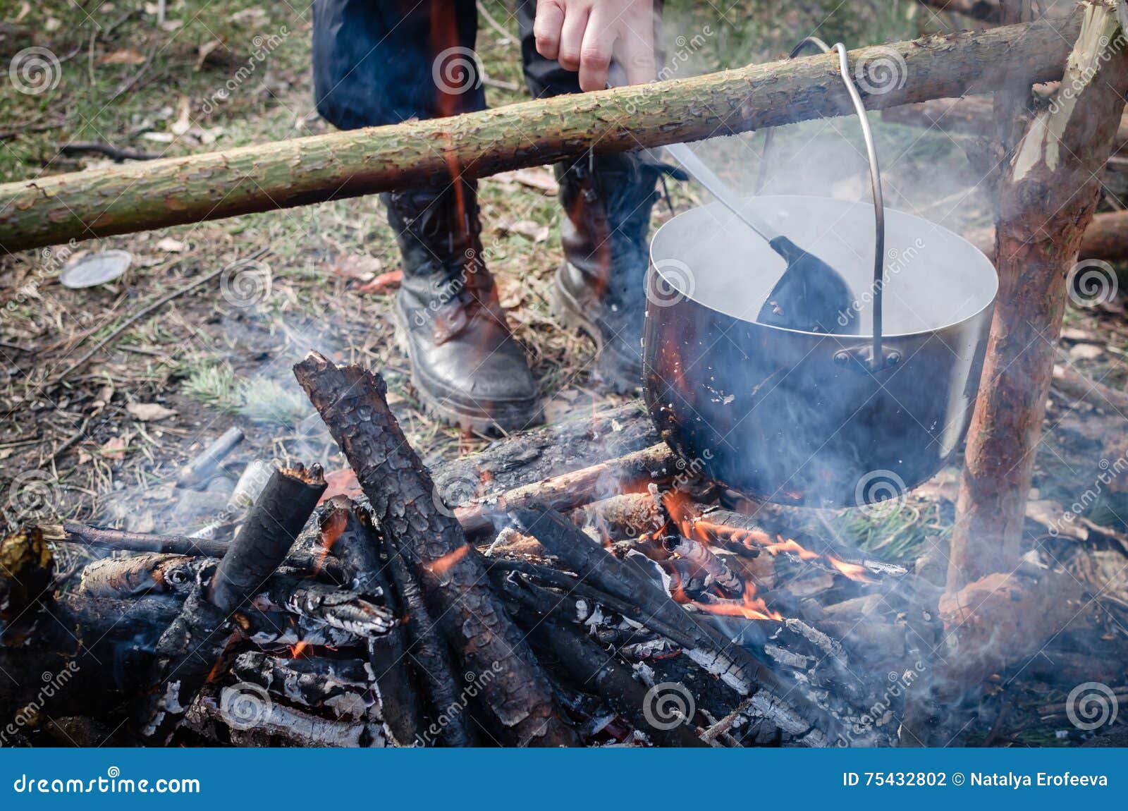 Cooking Pancakes in the Camp on Open Air Stock Photo - Image of ...