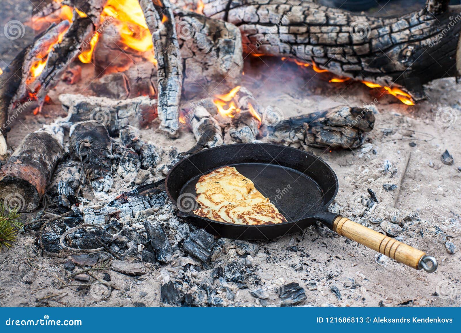 Cooking Pancakes on the Fire in the Forest. Stock Image - Image of wood ...