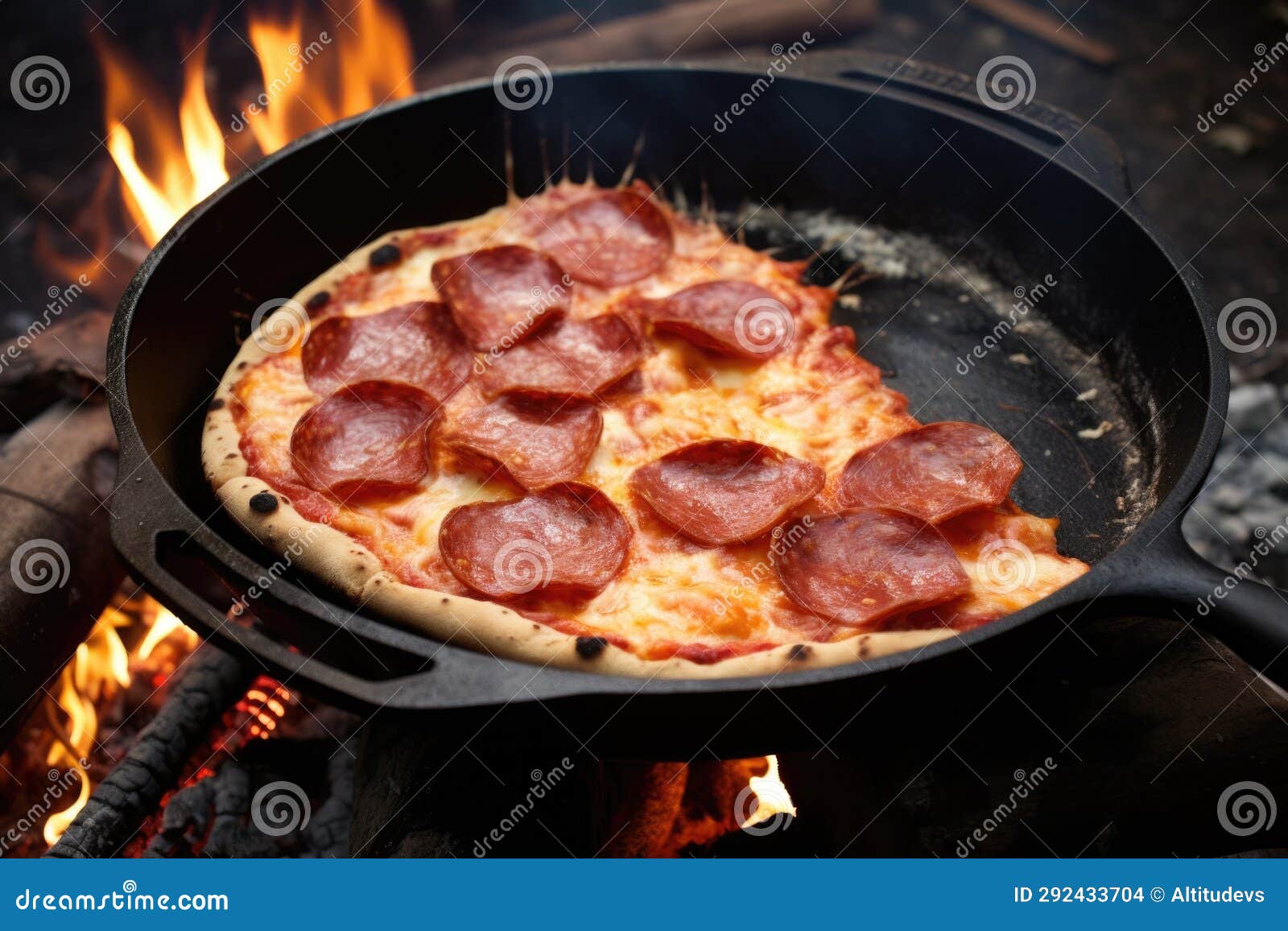 Cooking Pepperoni Pizza in a Cast Iron Skillet on a Fire Stock Photo ...