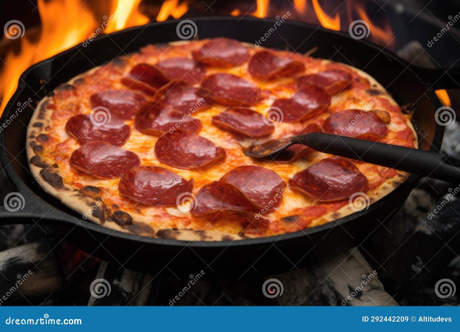Cooking Pepperoni Pizza in a Cast Iron Skillet on a Fire Stock ...