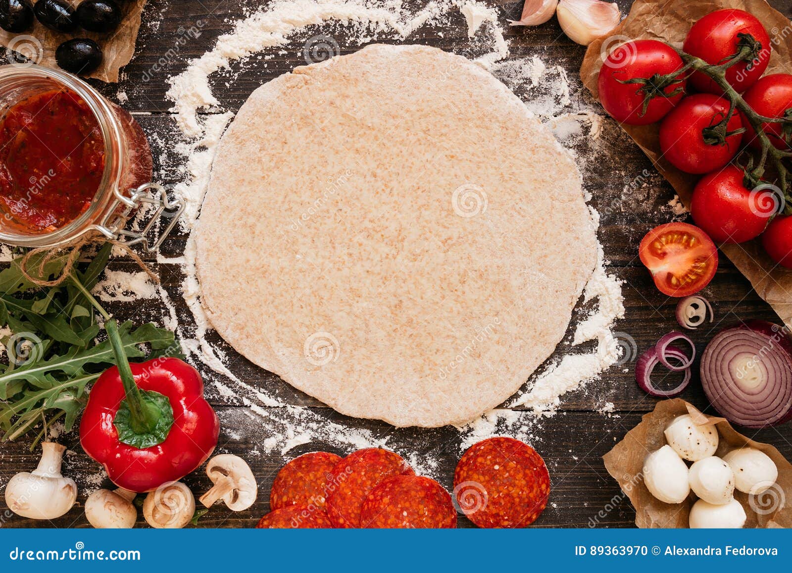 Cooking Pizza. Pizza Ingerdients on the Wooden Table, Top View Stock ...
