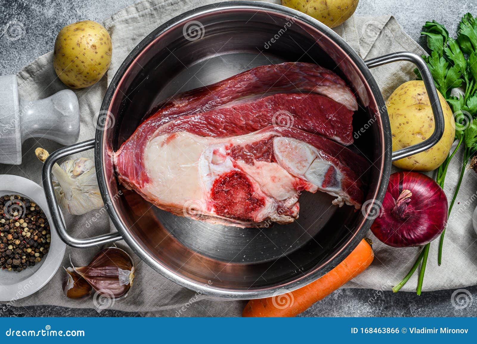 Cooking Pot with Bone Broth Meat. Vegetables Cooking Ingredients and ...
