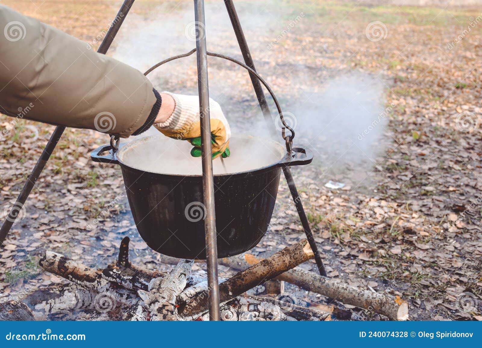 Cooking in Pot on Campfire, Camp Cooking, Pot with Hot Food Stock Photo ...