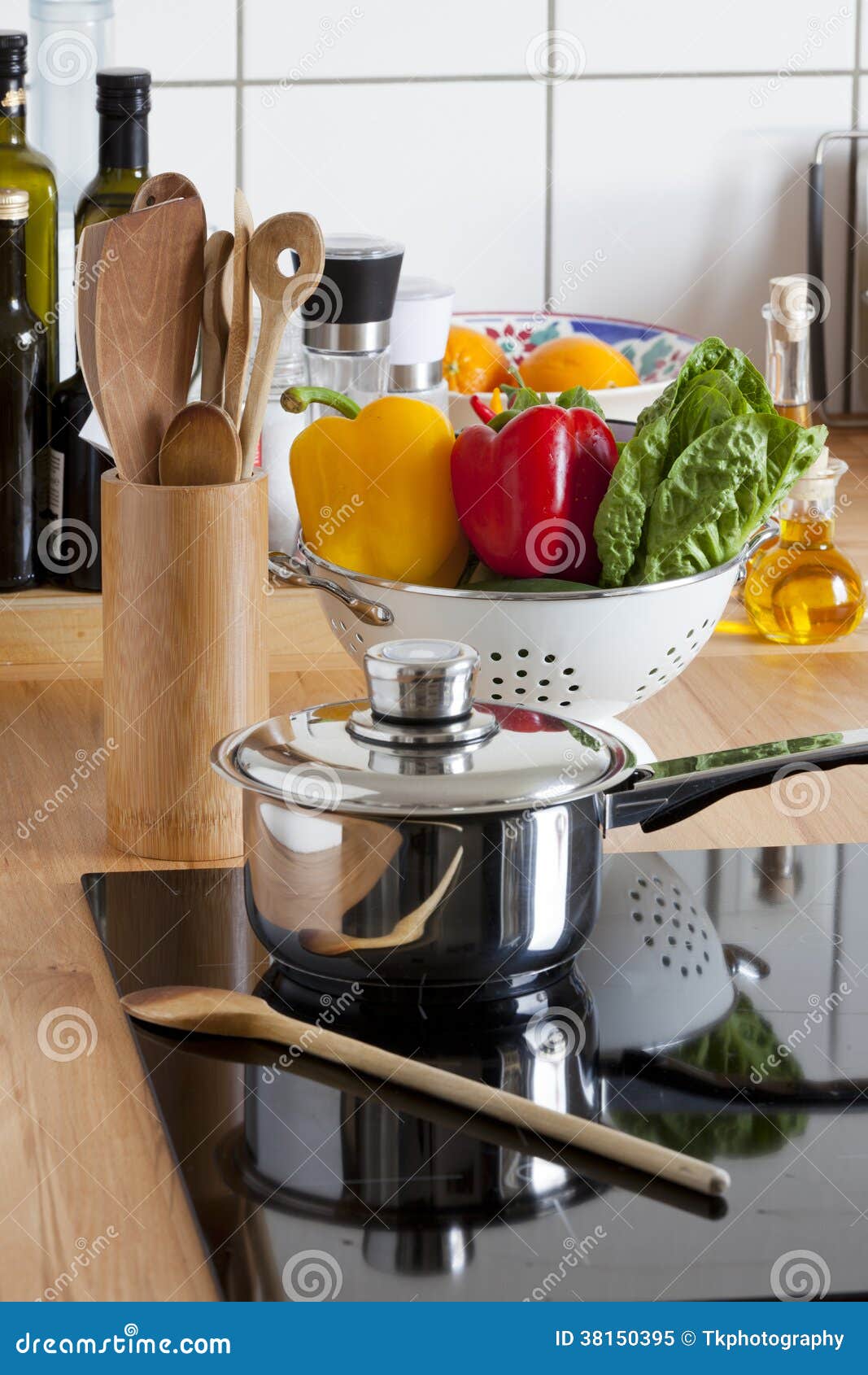Cooking Pot and Cooking Spoon on Ceramic Hob Stock Image - Image of ...