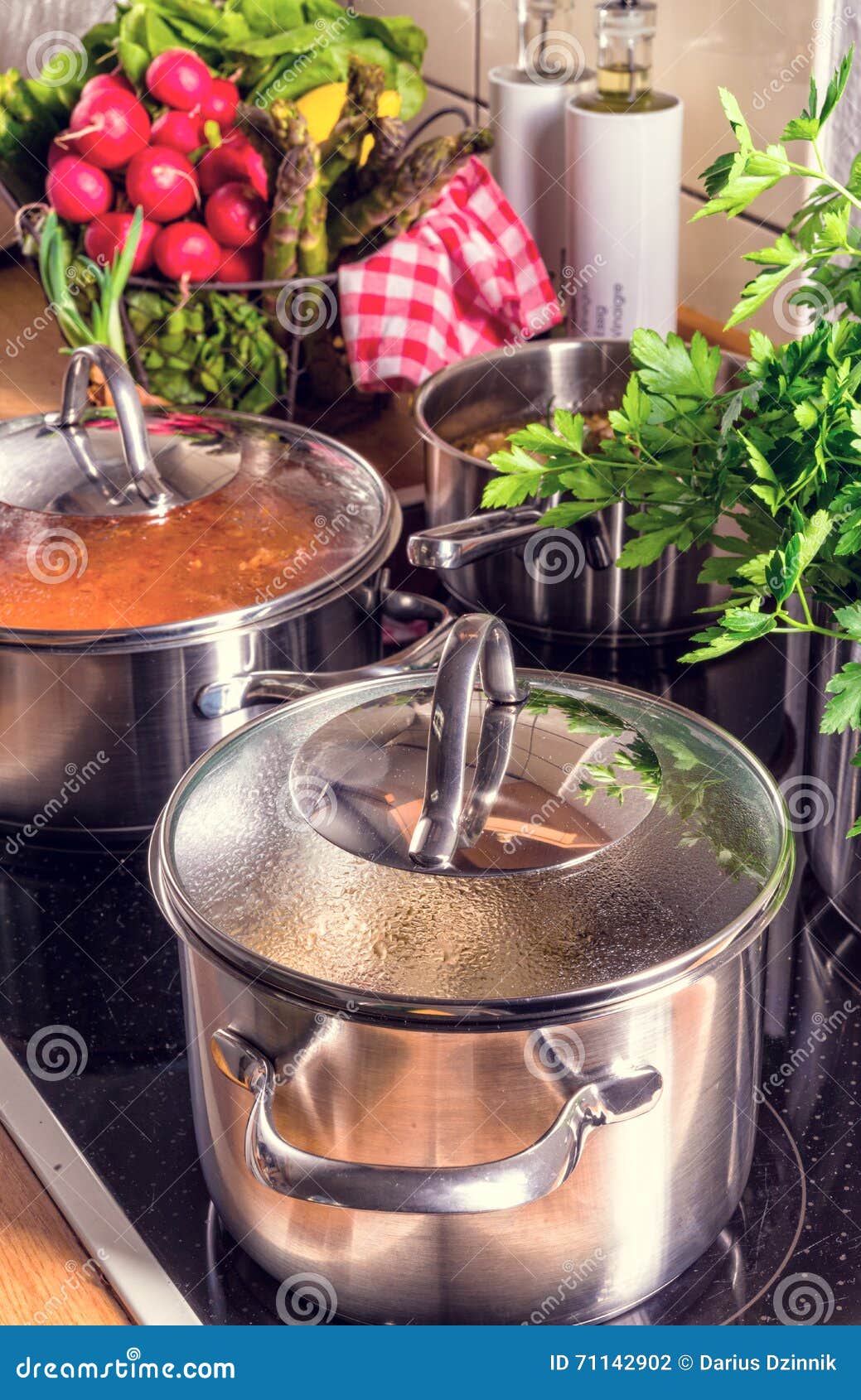 Cooking pots on the stove stock photo. Image of culinary - 71142902