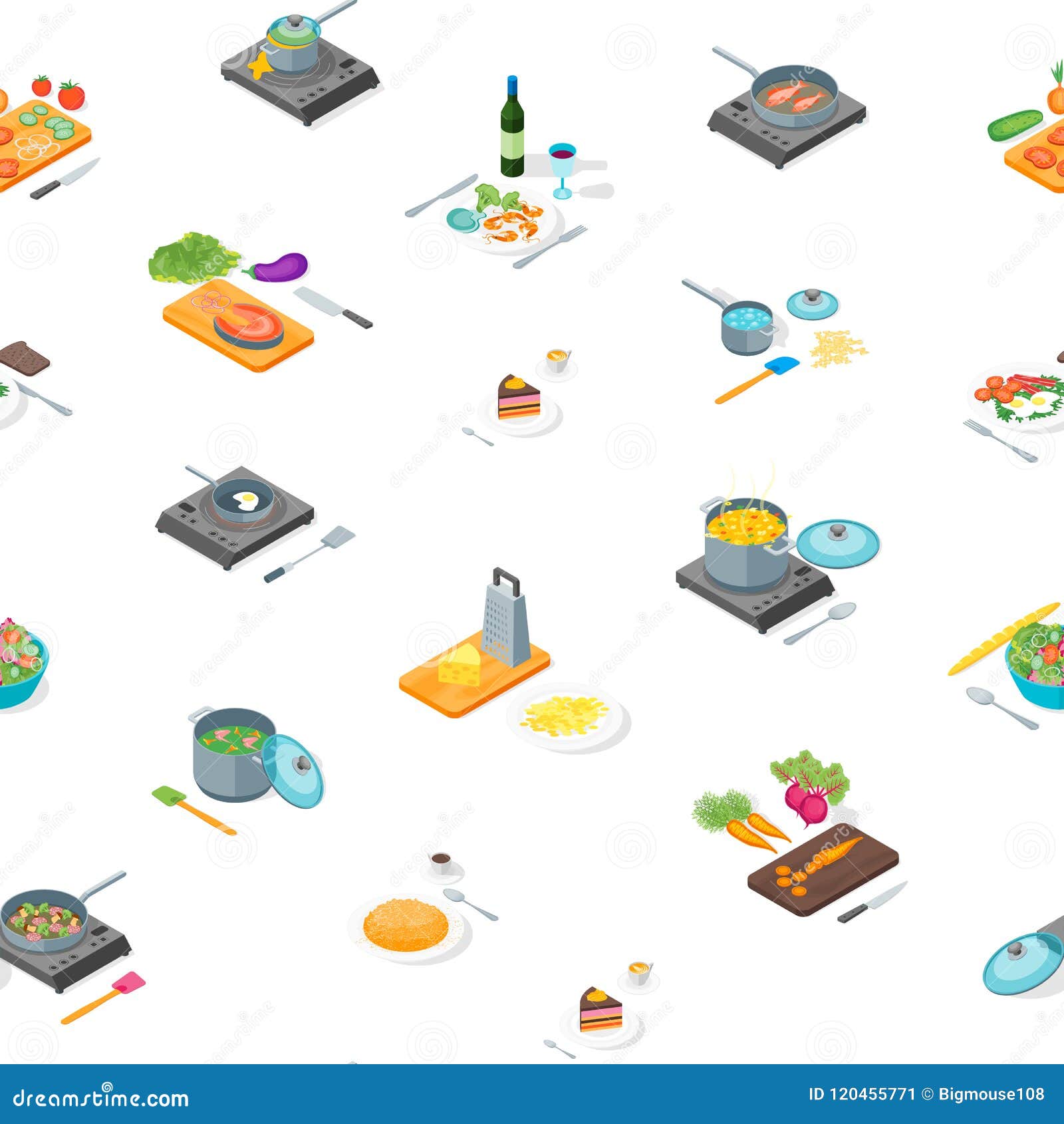 Cooking or Preparation Food Seamless Pattern Background Isometric View ...