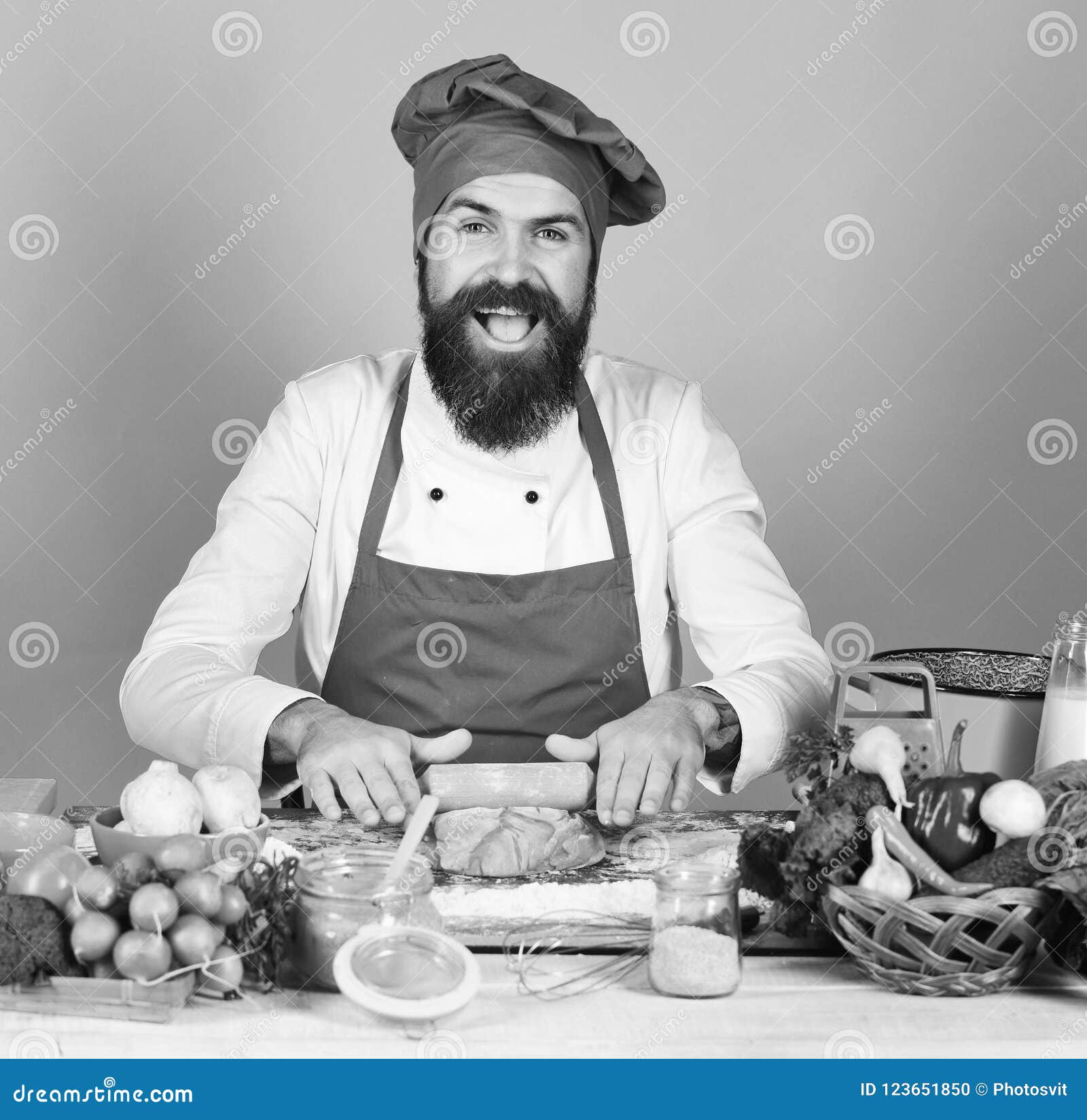 Cooking Process Concept. Chef with Spices, Vegetables and Dough on ...