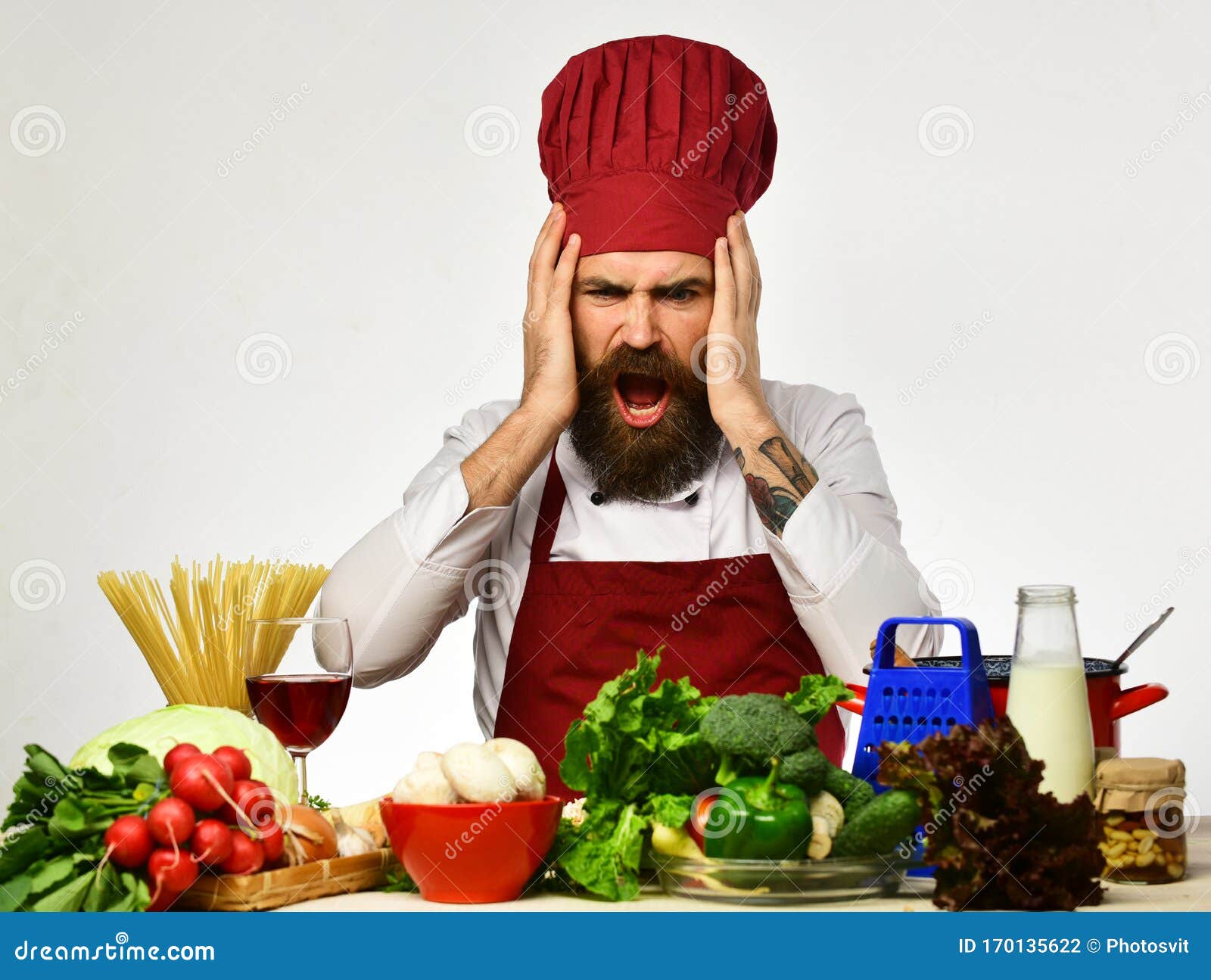 Cooking Process Concept. Cook with Scared Face in Burgundy Uniform ...