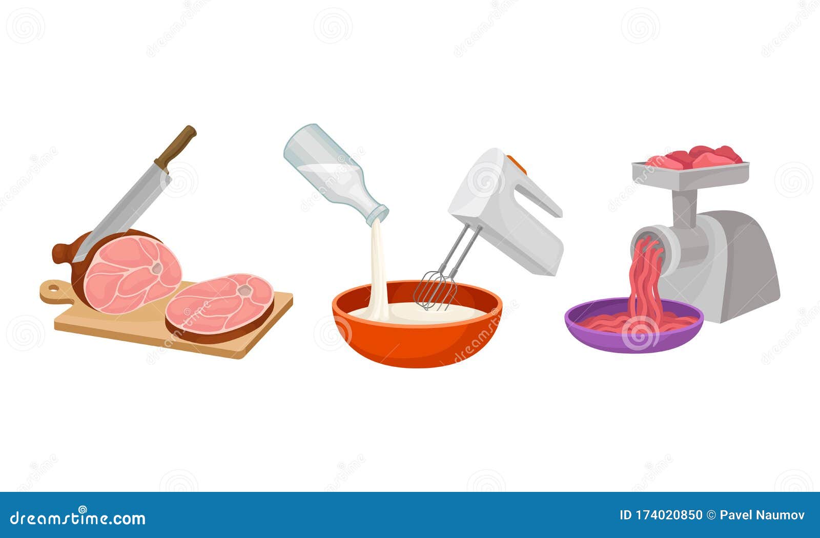 Cooking Process with Cutting Ham and Doing Forcemeat Vector Set Stock ...