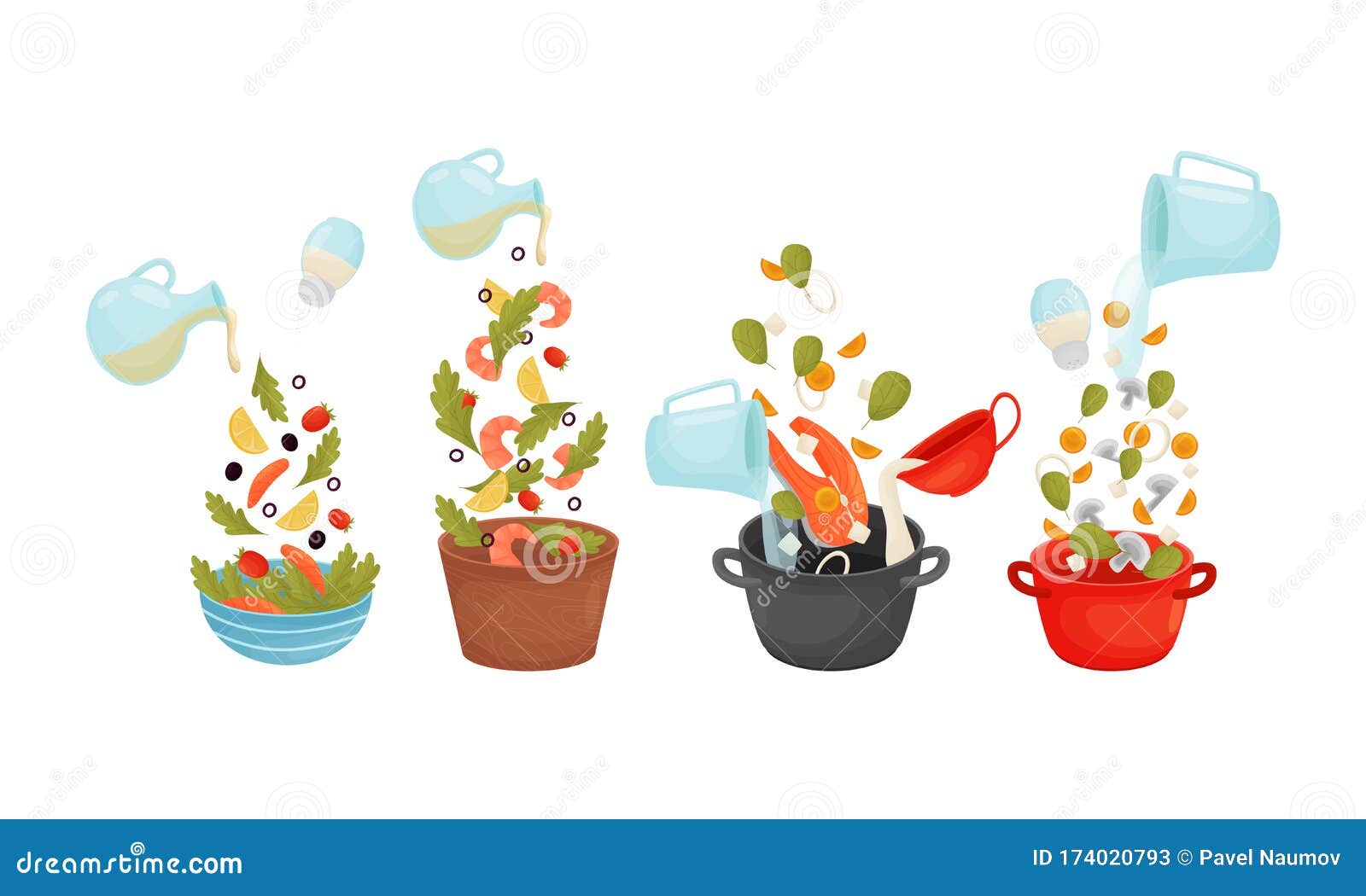 Cooking Process with Dressing Salad and Making Soup Vector Set Stock ...