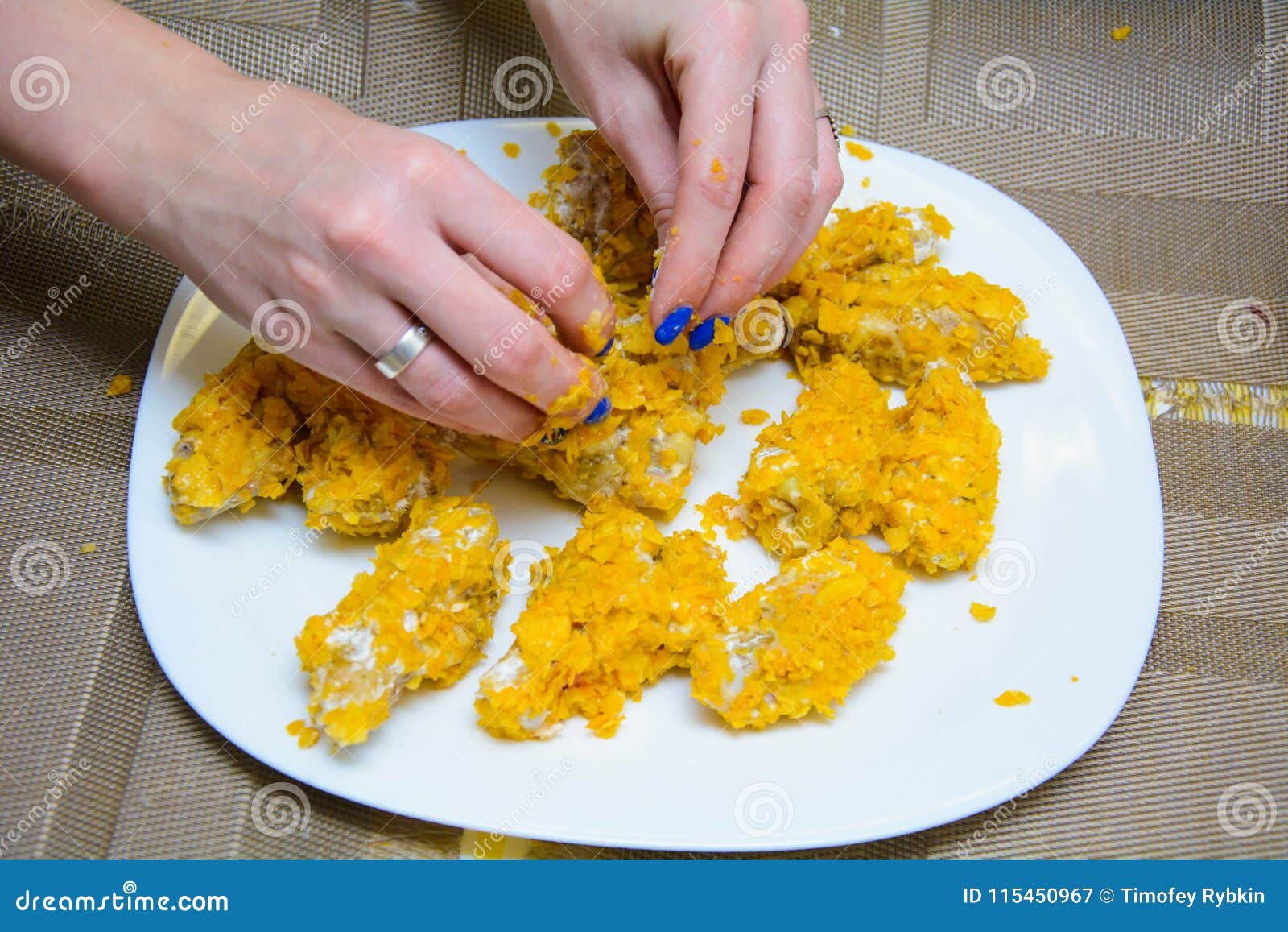 Cooking Process of Fried Chicken Wings in Breading Stock Image - Image ...