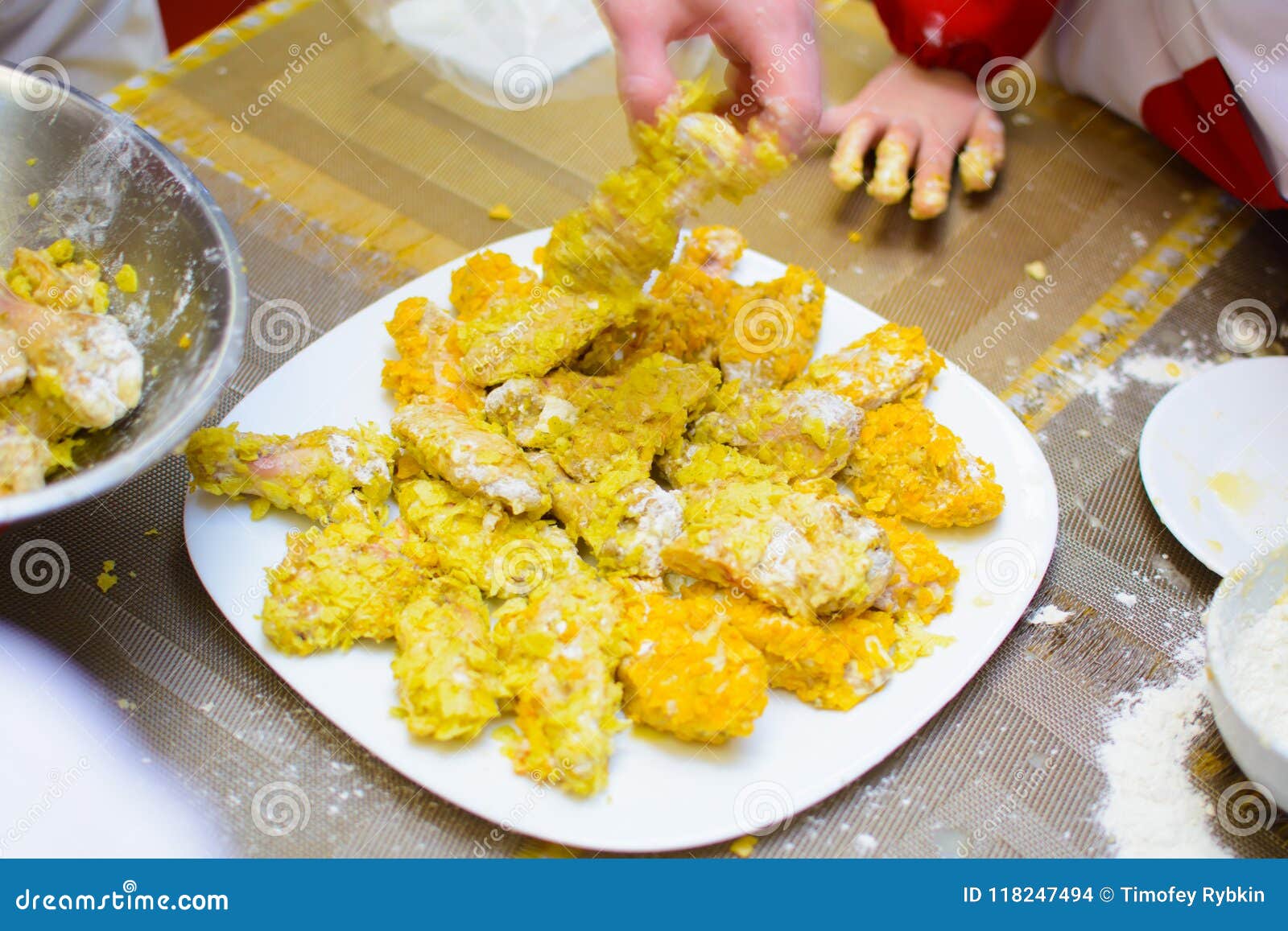 Cooking Process of Fried Chicken Wings in Breading Stock Photo - Image ...