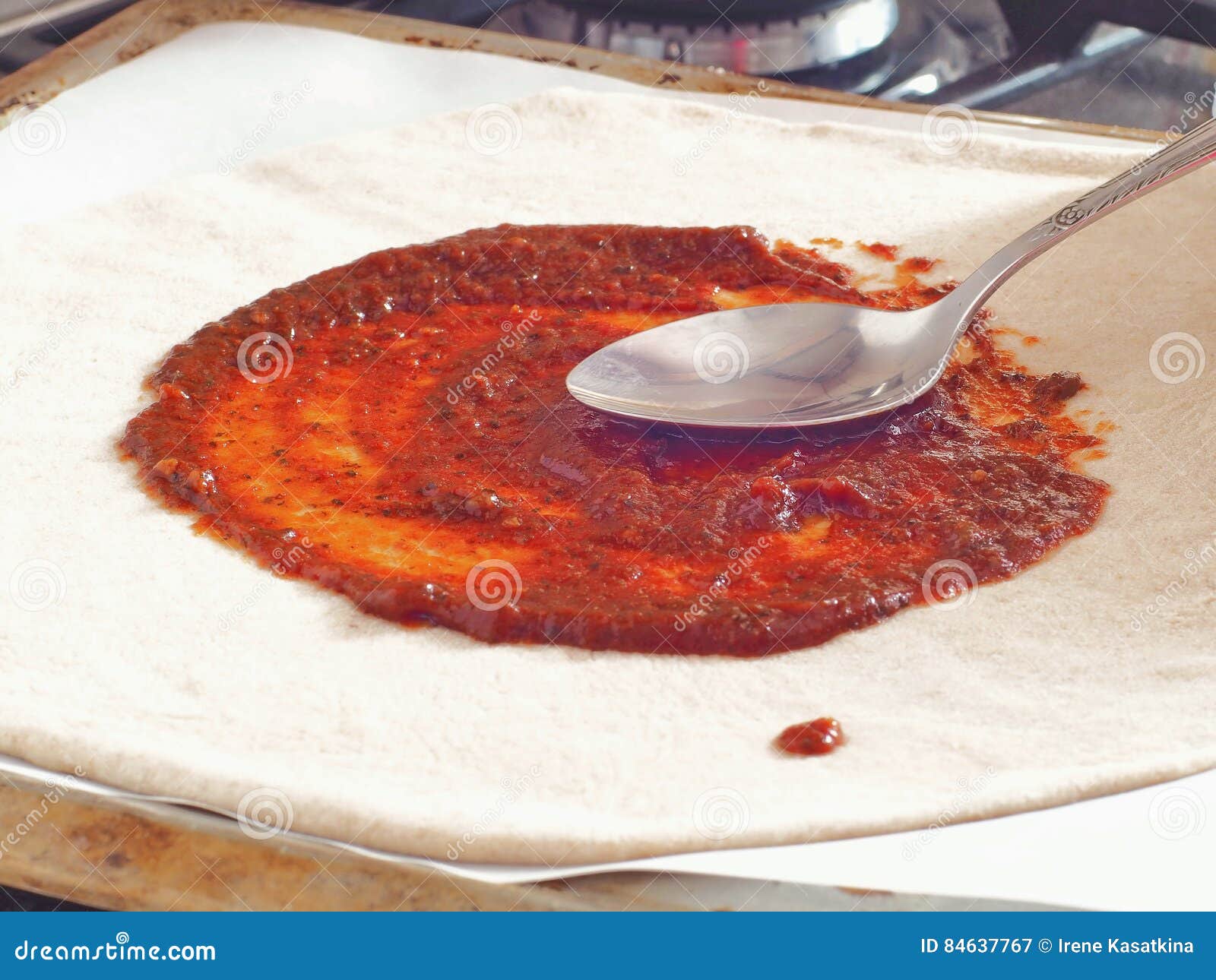 Cooking Process. Preparing Italian Pizza Stock Image - Image of catchup ...