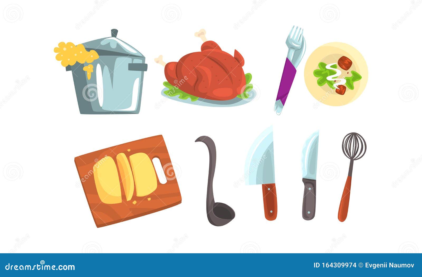Cooking Process Vector Illustrated Set. Kitchenware and Served Dishes ...