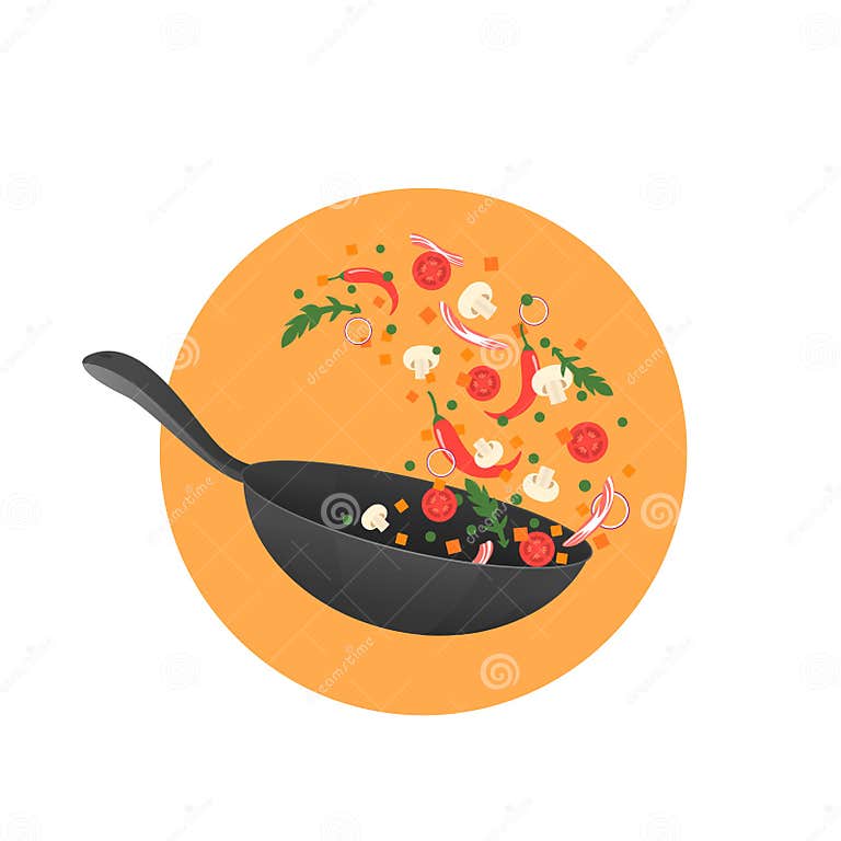 Cooking Process Vector Illustration Flipping Asian Food In A Pan Stock
