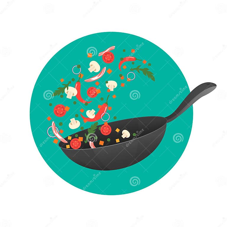 Cooking Process Vector Illustration Flipping Asian Food In A Pan Stock