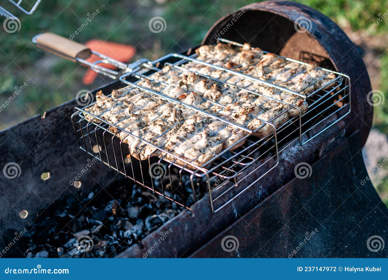 Cooking Raw Meat in a Grid on the Barbeque Grill Stock Photo - Image of ...