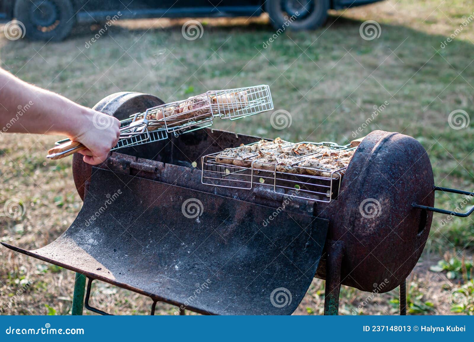 Cooking Raw Meat in a Grid on the Barbeque Grill Stock Image - Image of ...