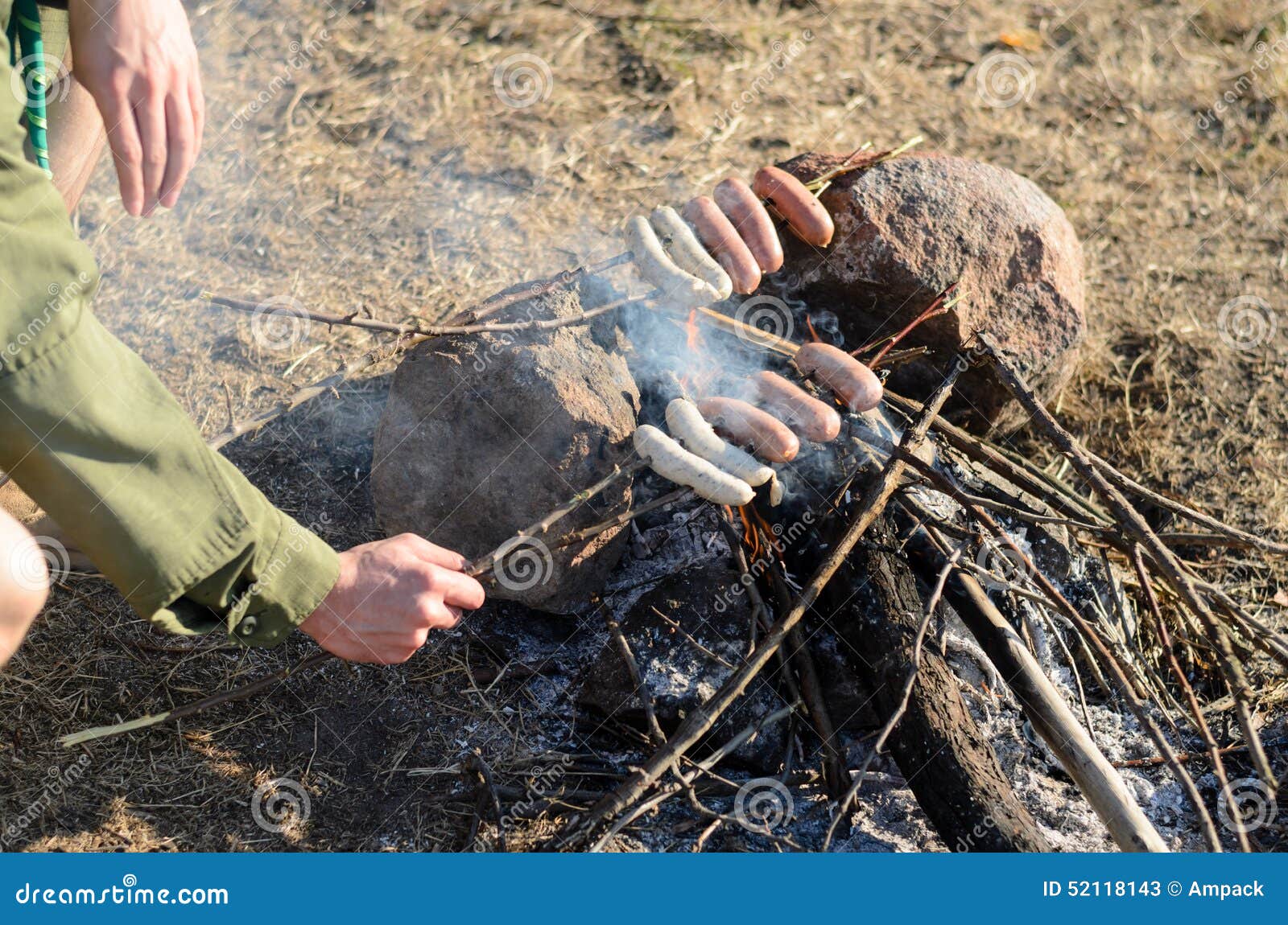 Cooking Sausages on Sticks Over Campfire Stock Image - Image of hike ...