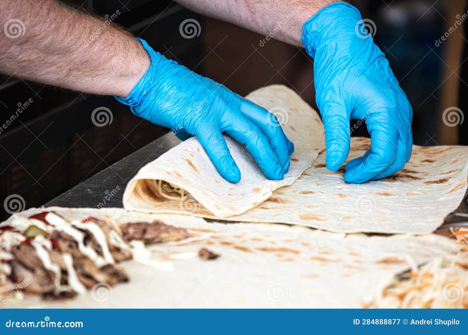 Cooking Shawarma in the Kitchen in a Cafe Stock Image - Image of ...