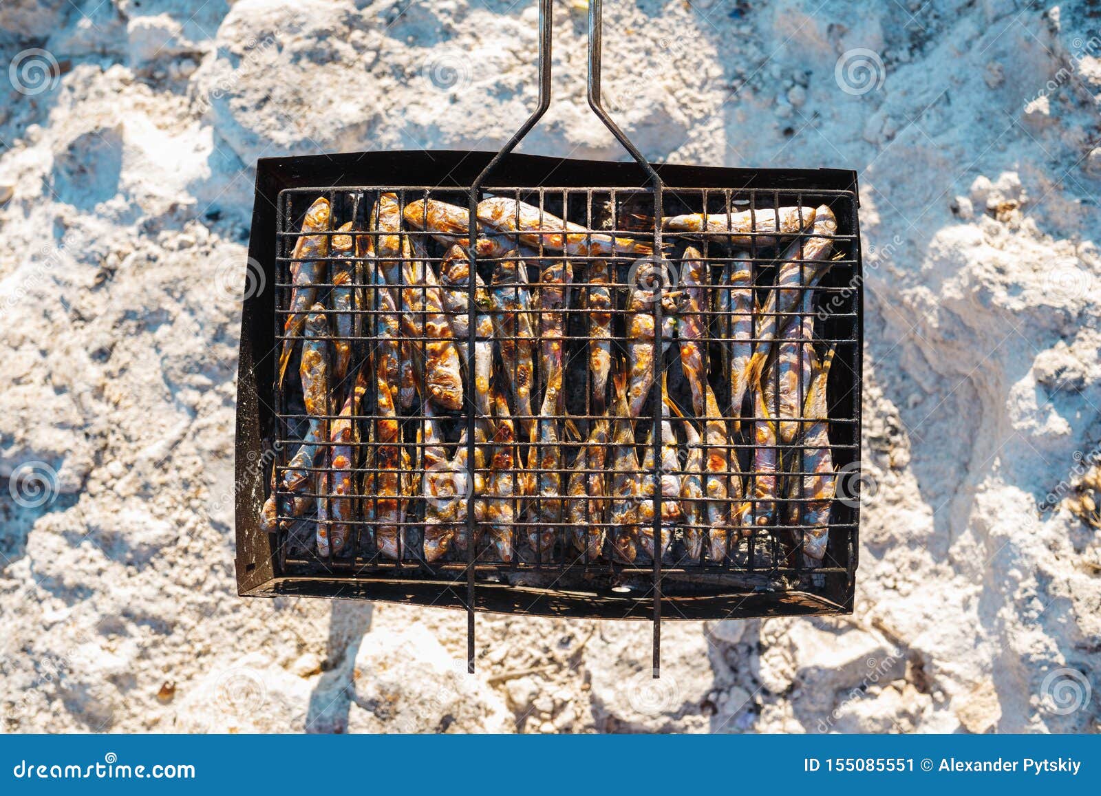 Cooking Small Fish on the Grill on the Beach Stock Image - Image of ...