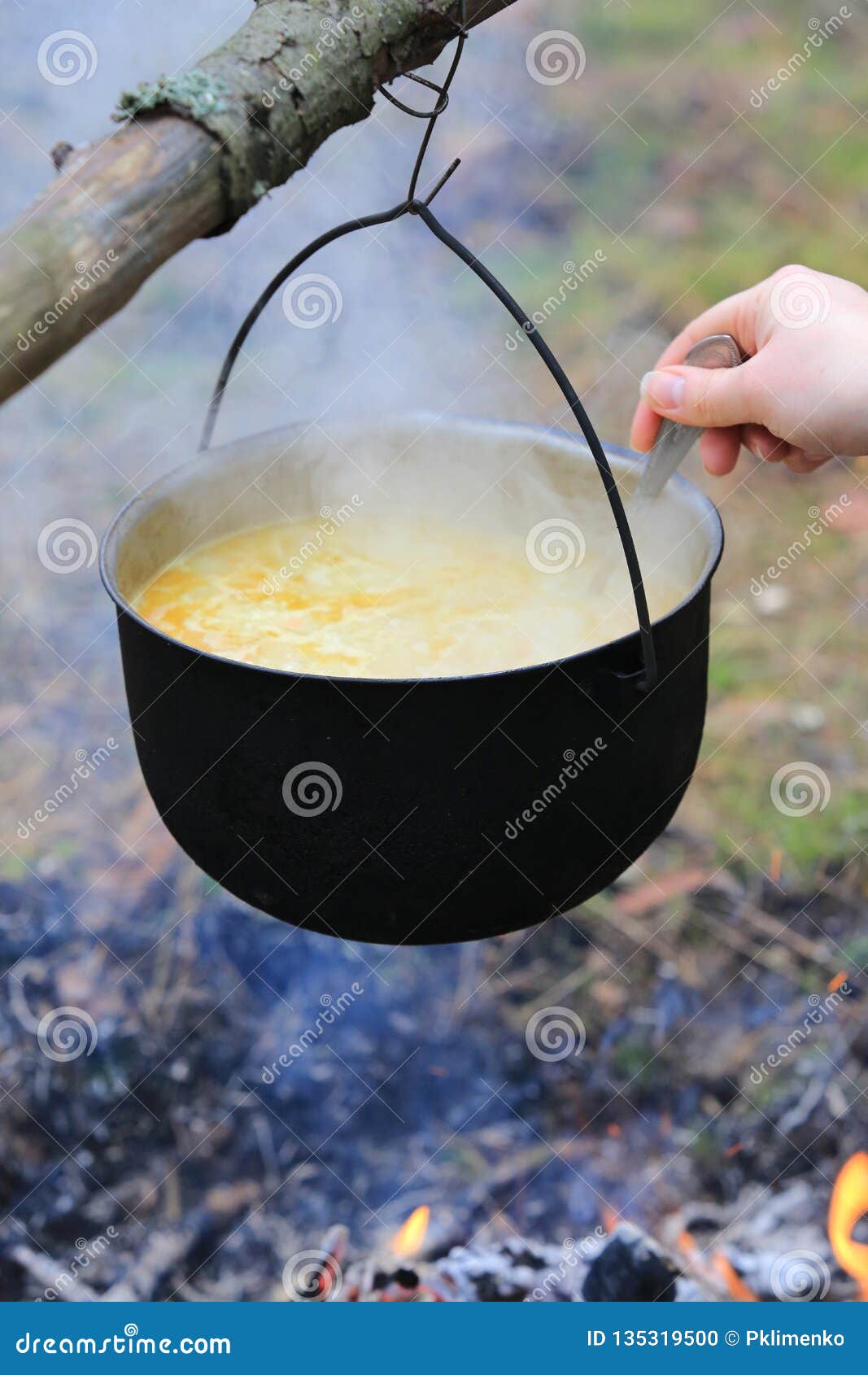 Cooking in Smoked Tourist Kettle Stock Photo - Image of firewood ...