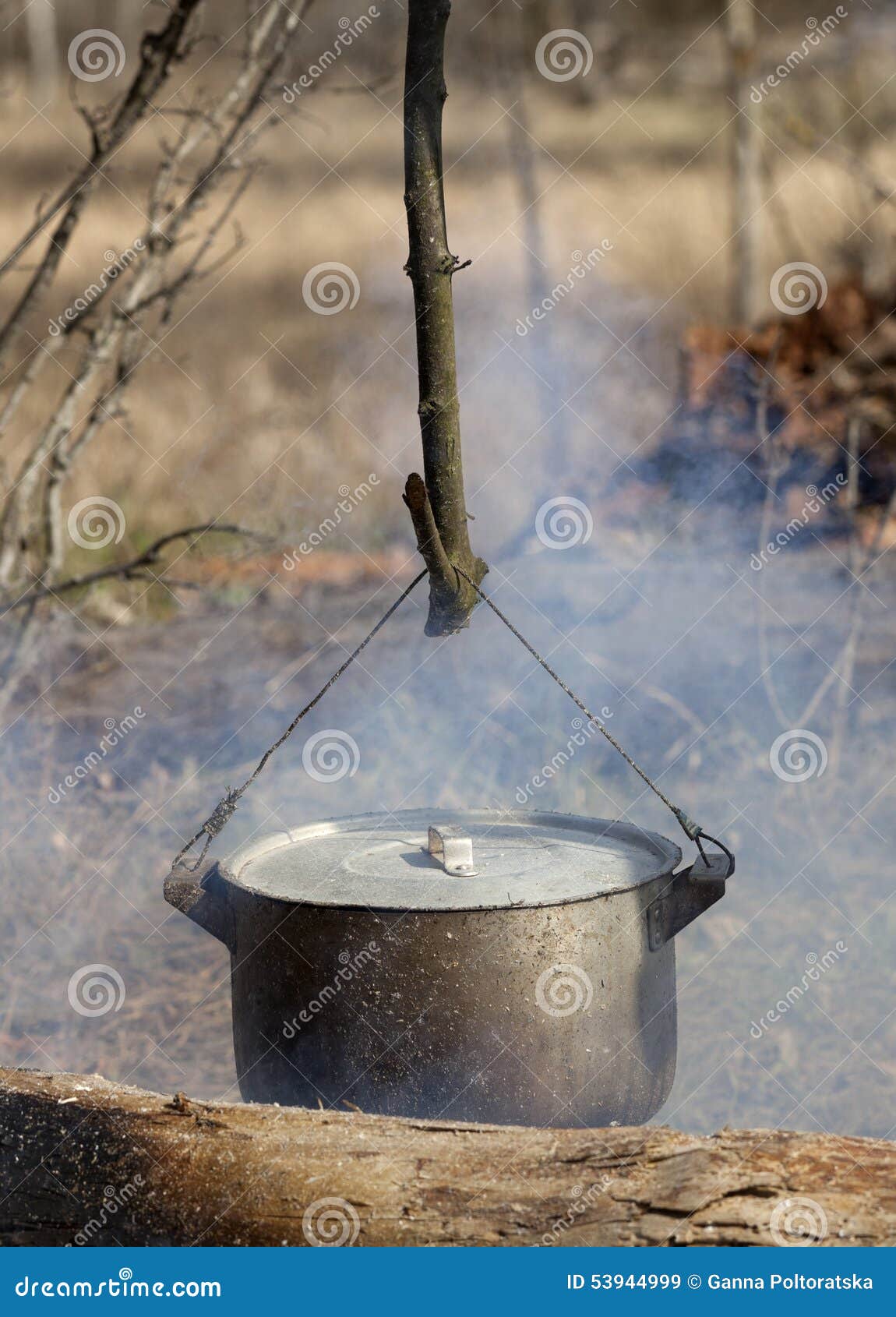 Cooking in Sooty Cauldron on Campfire Stock Image - Image of forest ...
