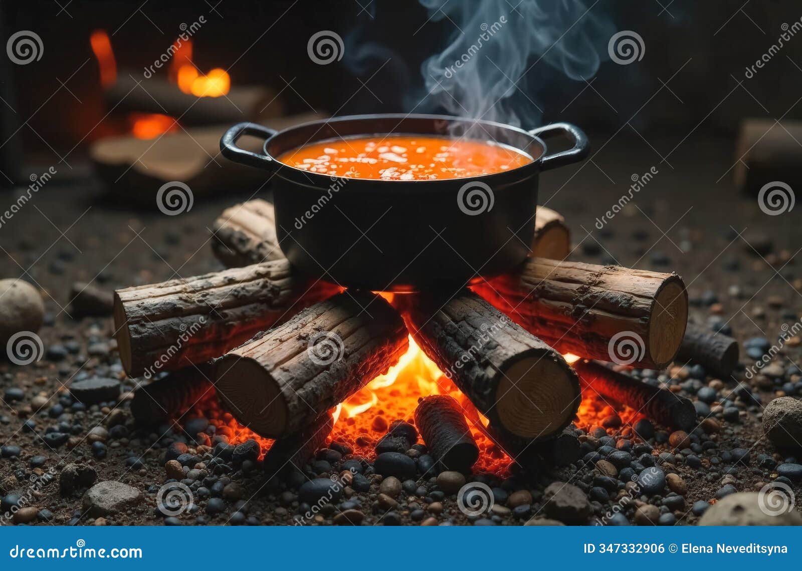 Cooking Soup in the Forest on a Campfire at Night Stock Illustration ...