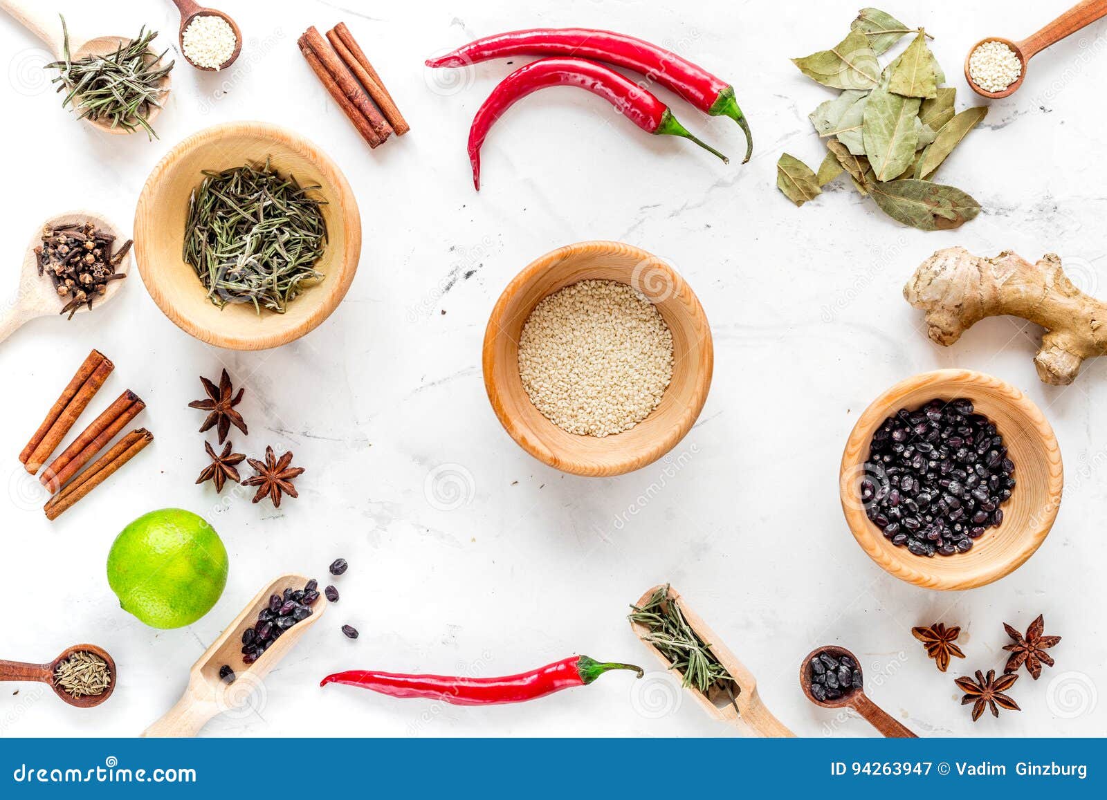 Cooking with Spices, Salt and Pepper on Kitchen Table Background Top ...